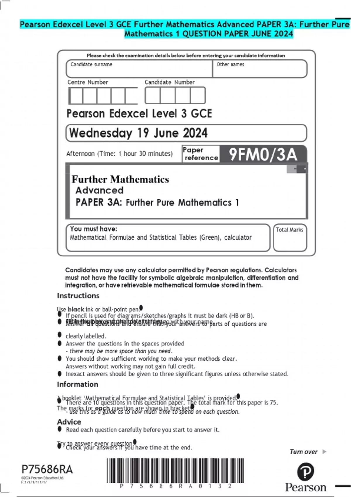 Pearson Edexcel Level 3 GCE Further Mathematics Advanced PAPER 3A ...