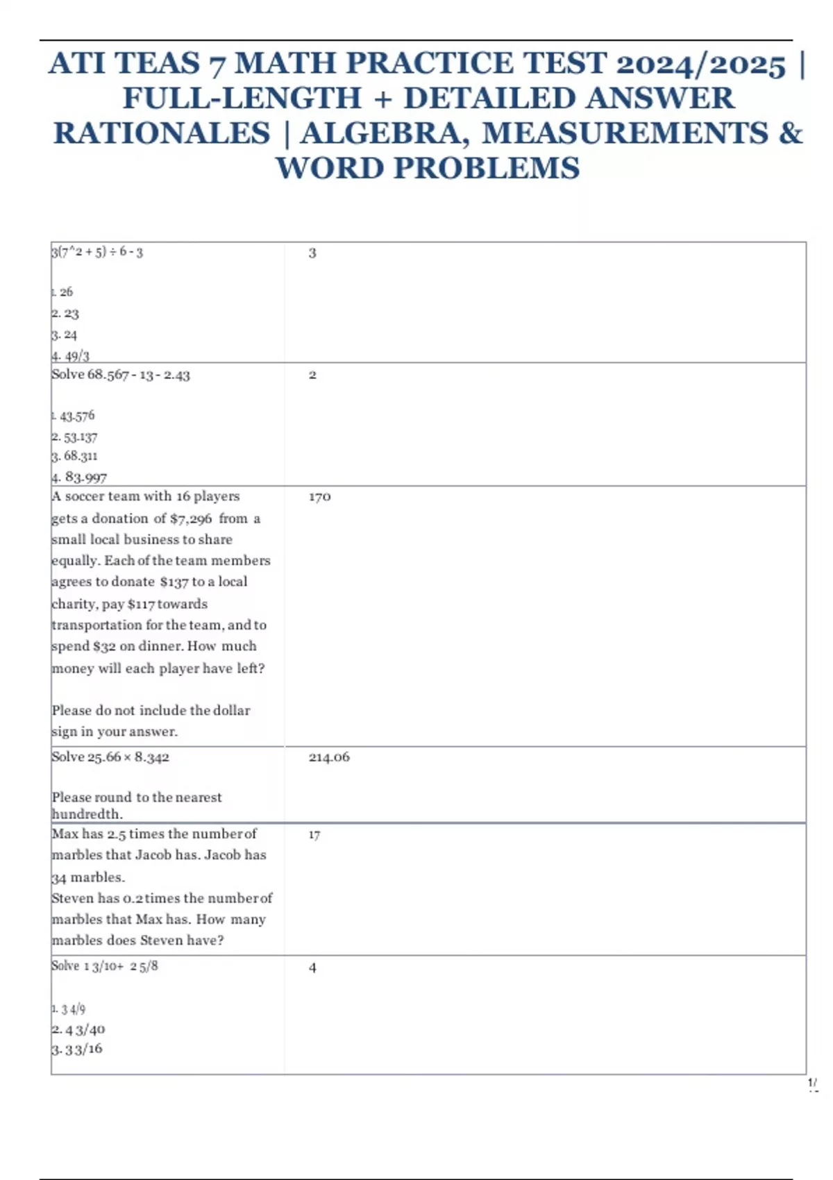 ATI TEAS 7 Math Practice Test 2024/2025 | Full-Length + Detailed Answer ...