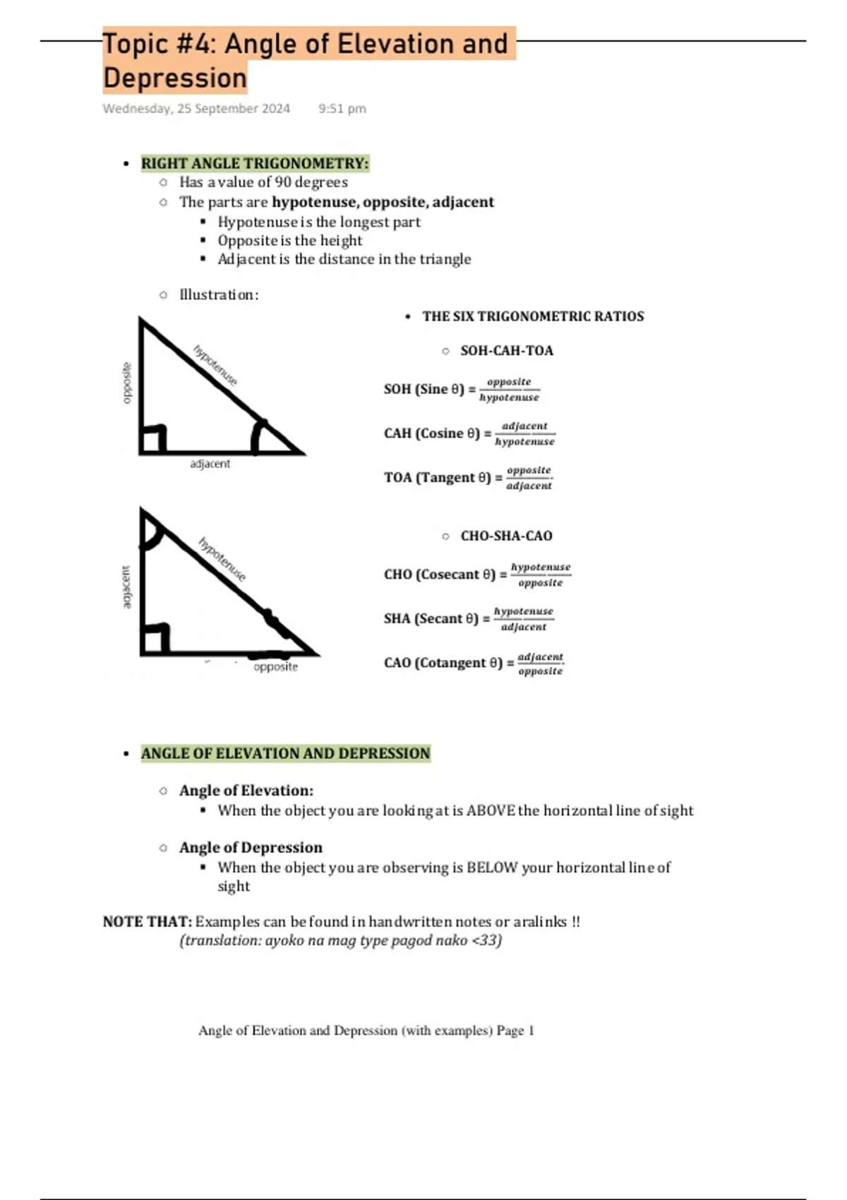 Summary Mathematics Grade 9 | Angle of Elevation and Depression with ...