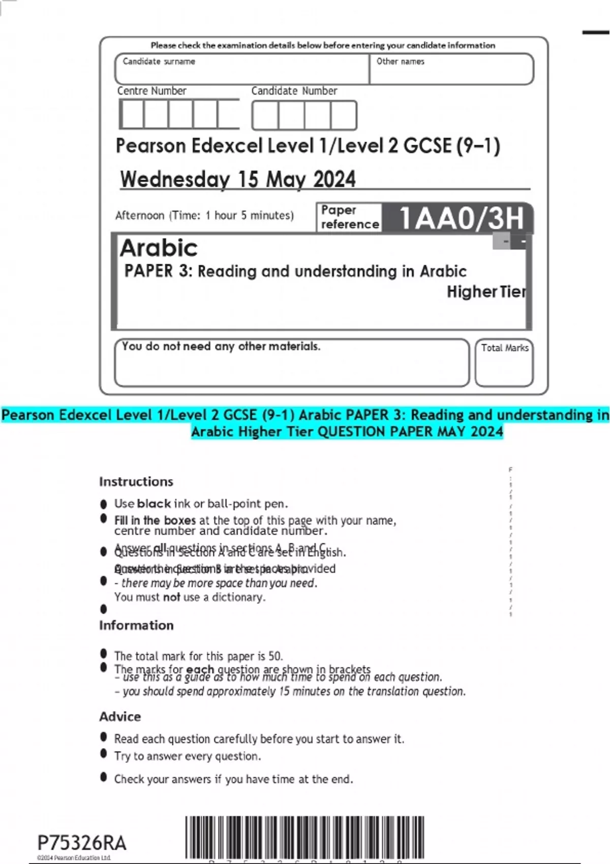 Pearson Edexcel Level 1/Level 2 GCSE (9–1) Arabic PAPER 3: Reading and ...