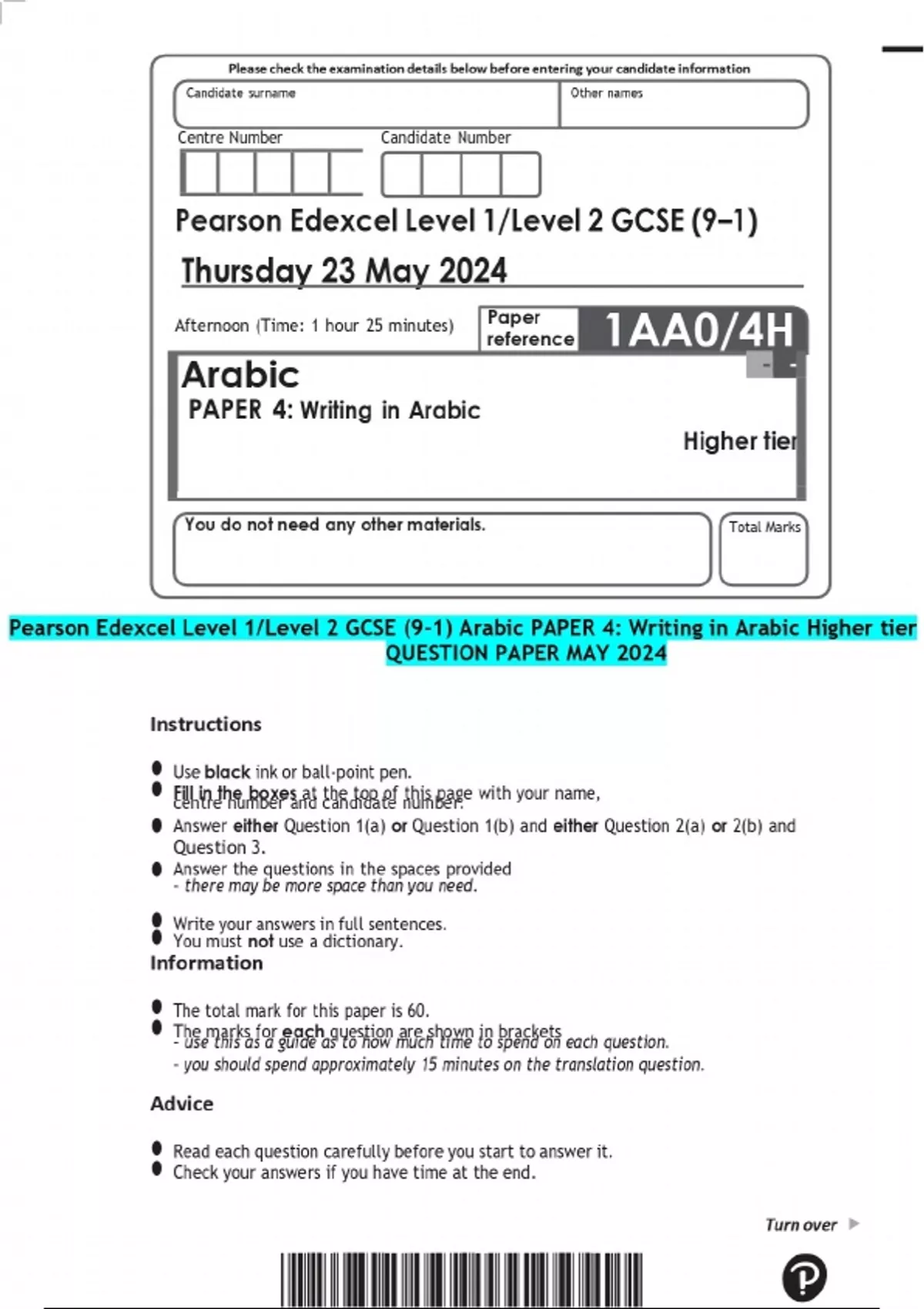 Pearson Edexcel Level 1/Level 2 GCSE (9–1) Arabic PAPER 4: Writing in ...