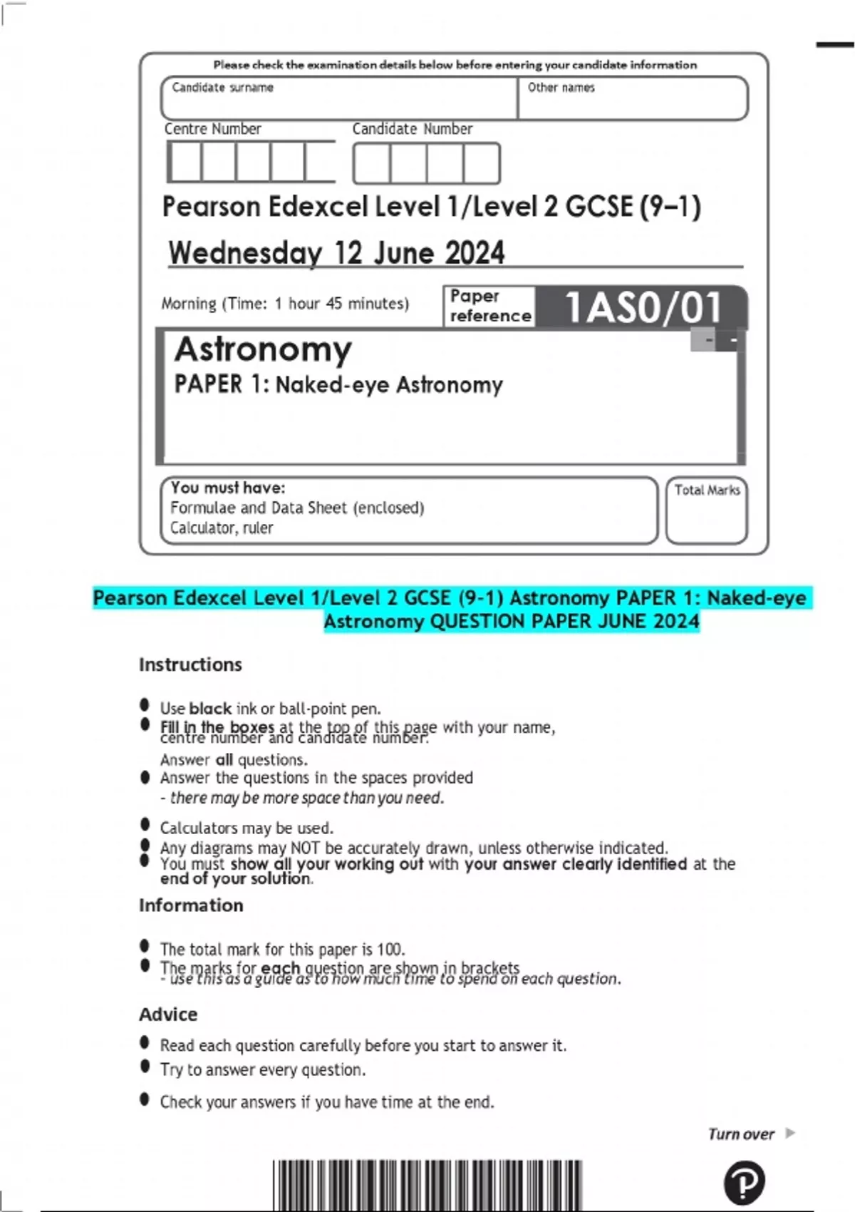 Pearson Edexcel Level 1/Level 2 GCSE (9–1) Astronomy PAPER 1: Naked-eye ...