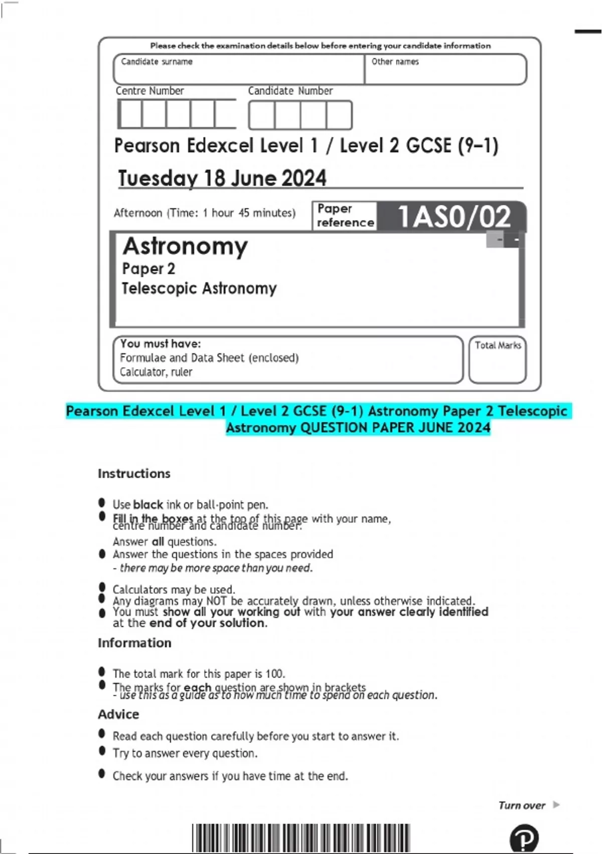 Pearson Edexcel Level 1 / Level 2 GCSE (9–1) Astronomy Paper 2 ...