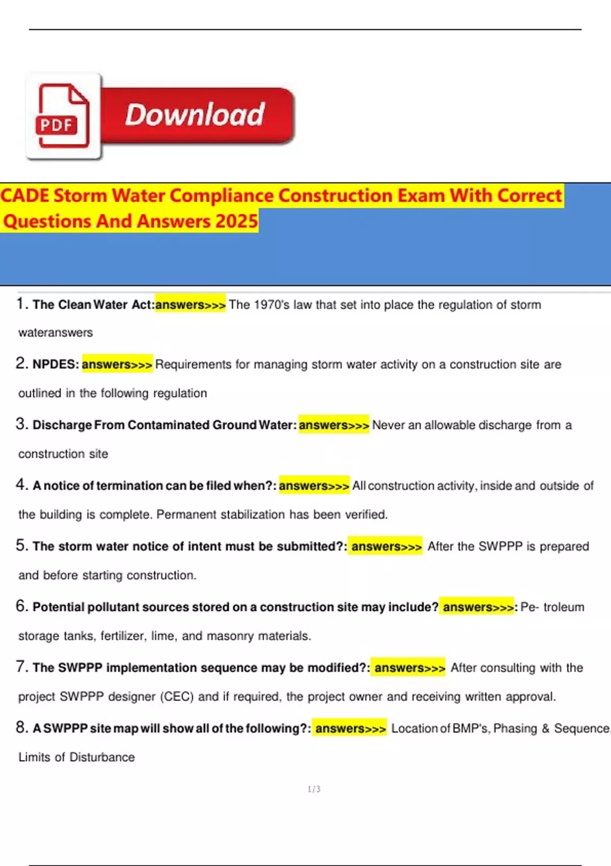 CADE Storm Water Compliance Construction Exam With Correct Questions ...