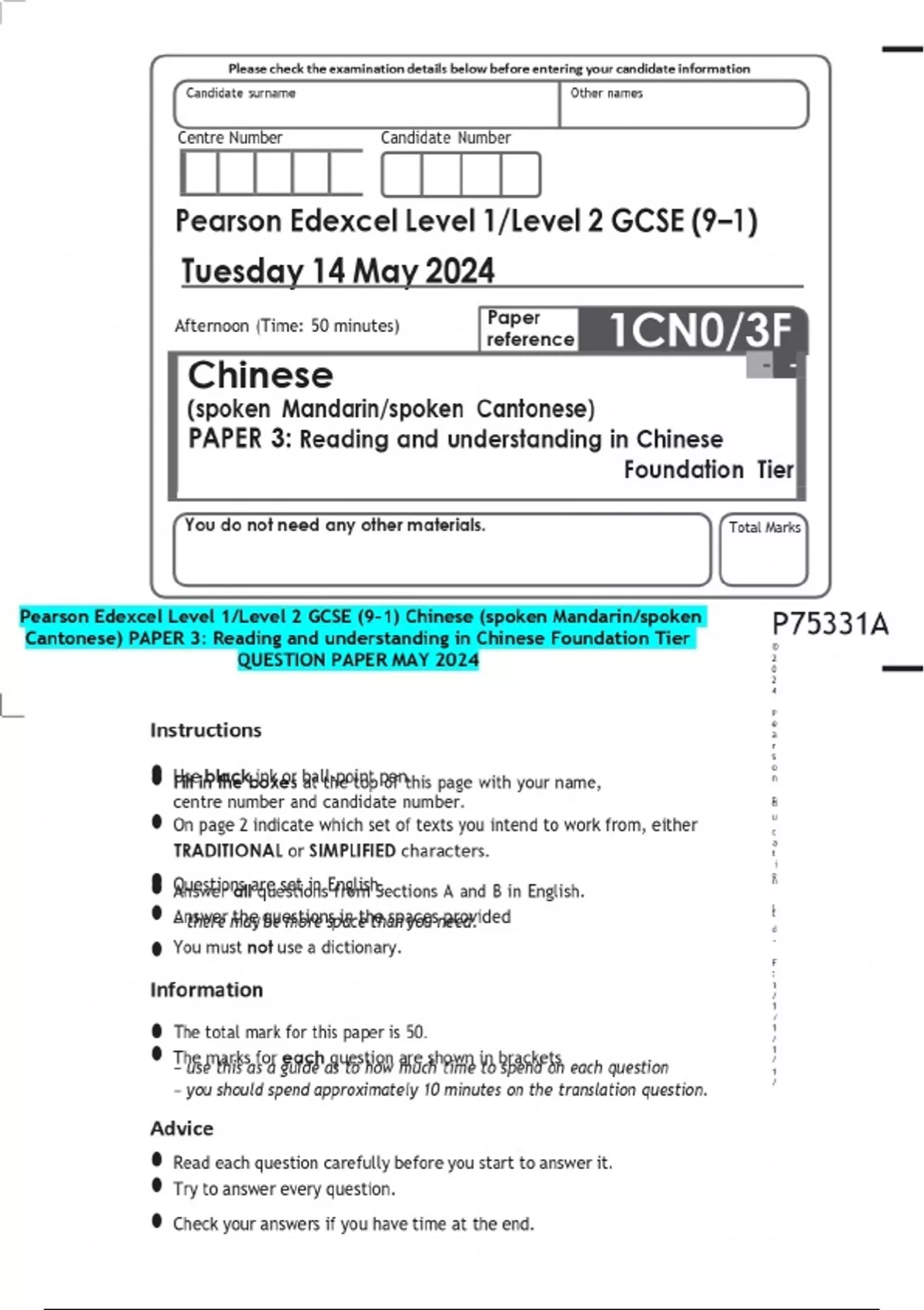 Pearson Edexcel Level 1/Level 2 GCSE (9–1) Chinese (spoken Mandarin ...