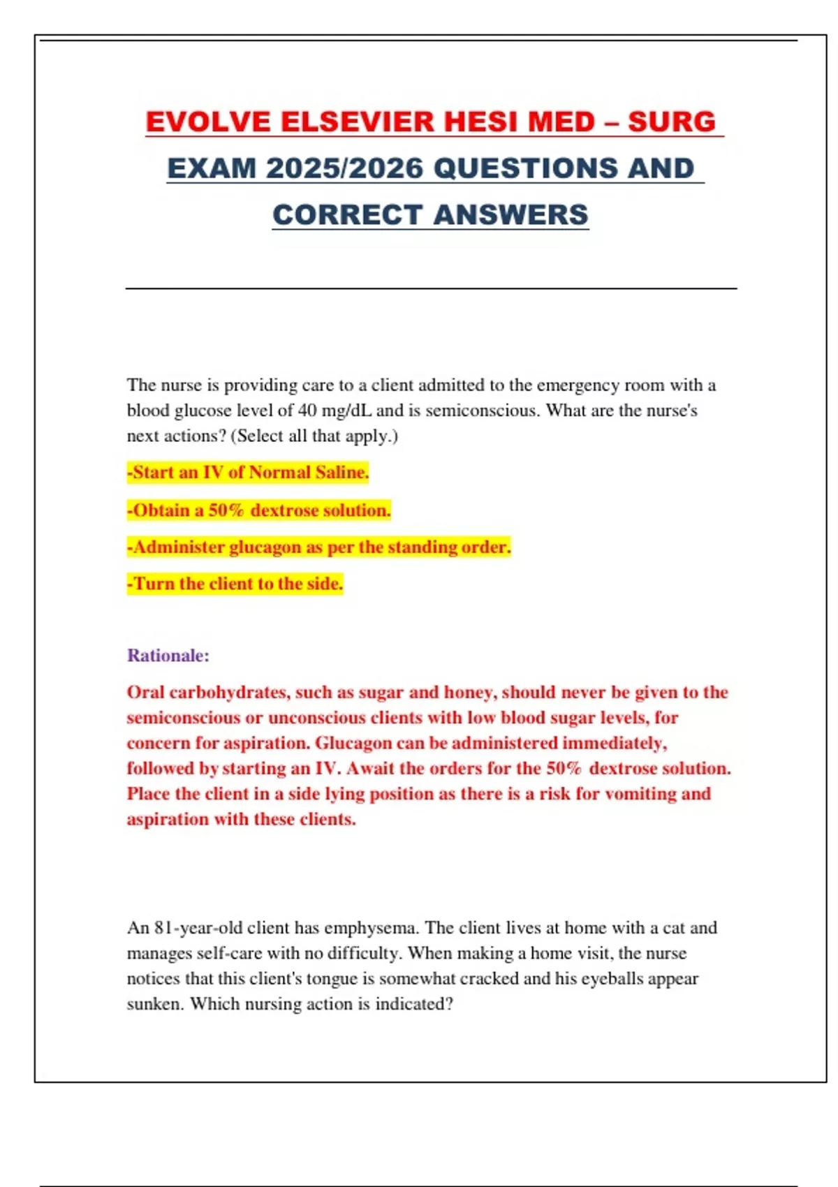 Evolve Elsevier HESI Med-Surg Exam 2025/2026 – Full Questions and ...