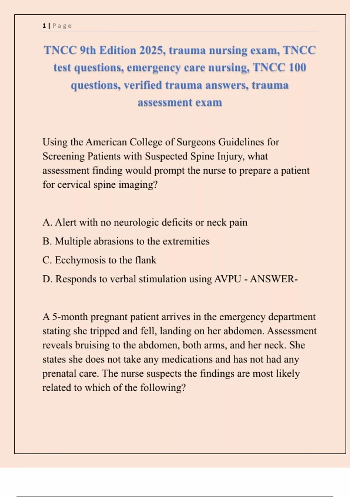 TNCC 9th Edition 2025, trauma nursing exam, TNCC test questions ...