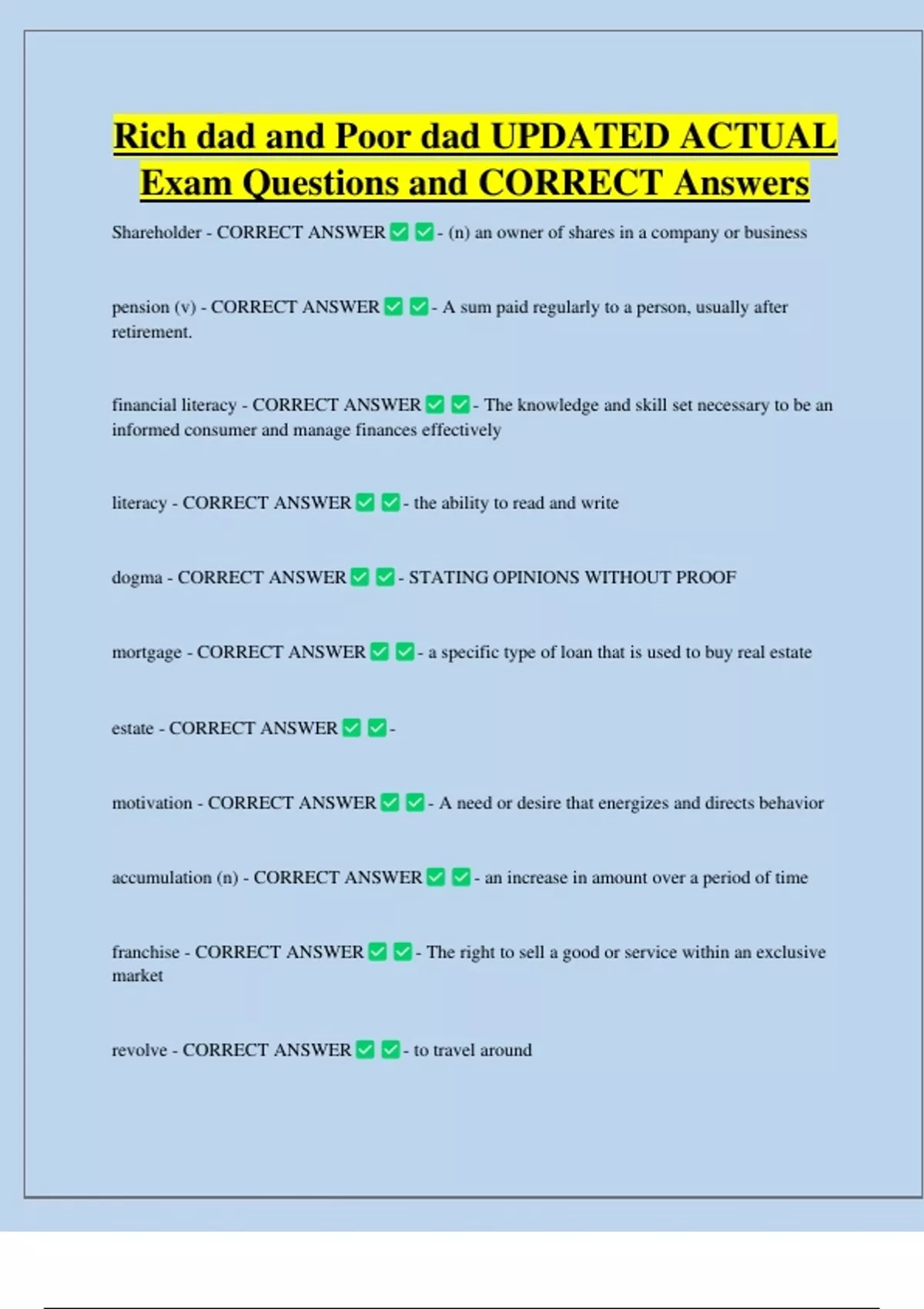 Rich dad poor dad Bundled Exam Questions WITH CORRECT Answers - Stuvia US