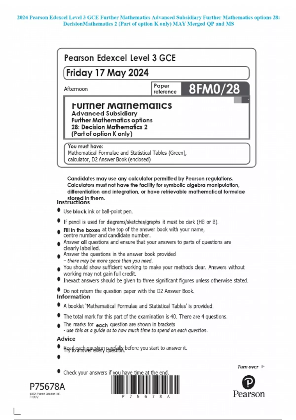 2024 Pearson Edexcel Level 3 GCE Further Mathematics Advanced ...