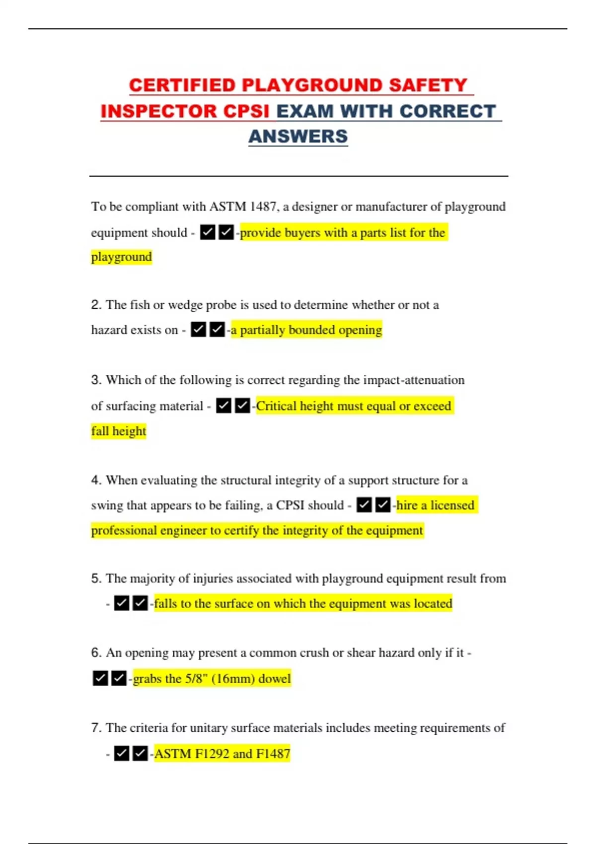 Certified Playground Safety Inspector (CPSI) –Exam Questions with Correct Answers (2025 ...
