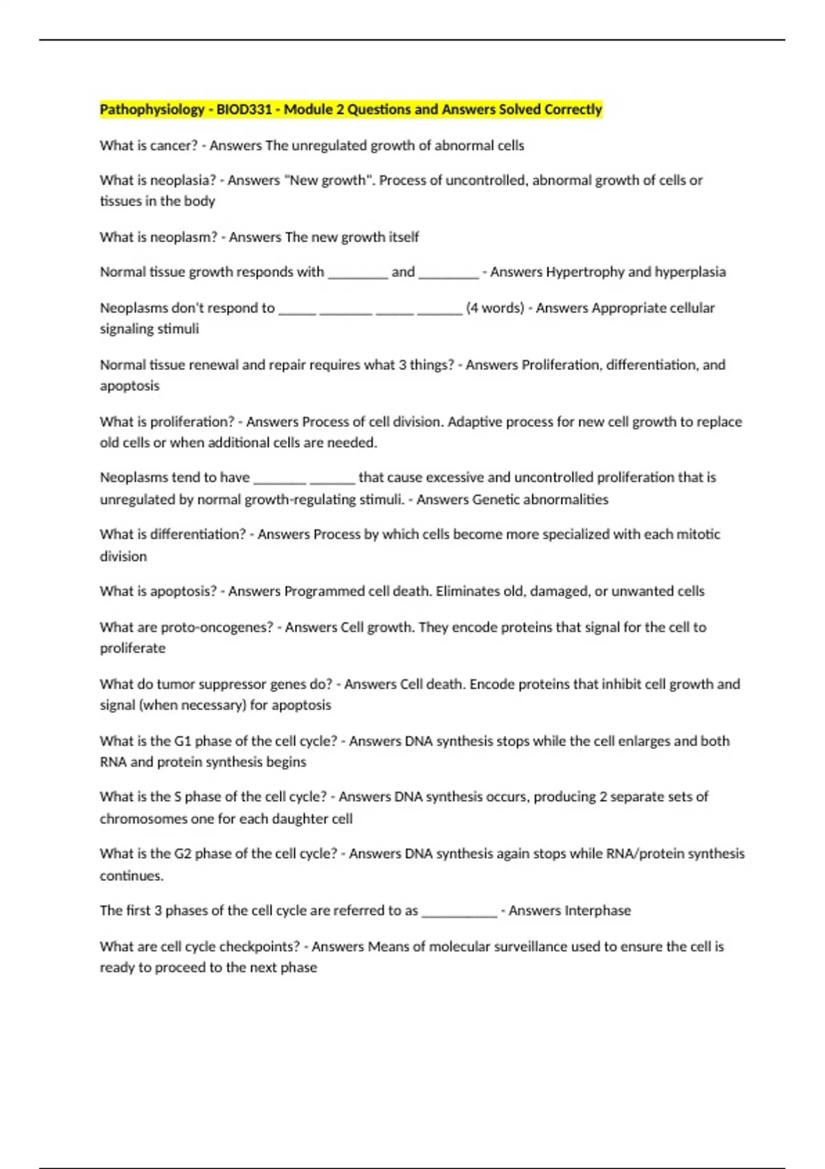 Pathophysiology - BIOD331 - Module 2 Questions and Answers Solved ...