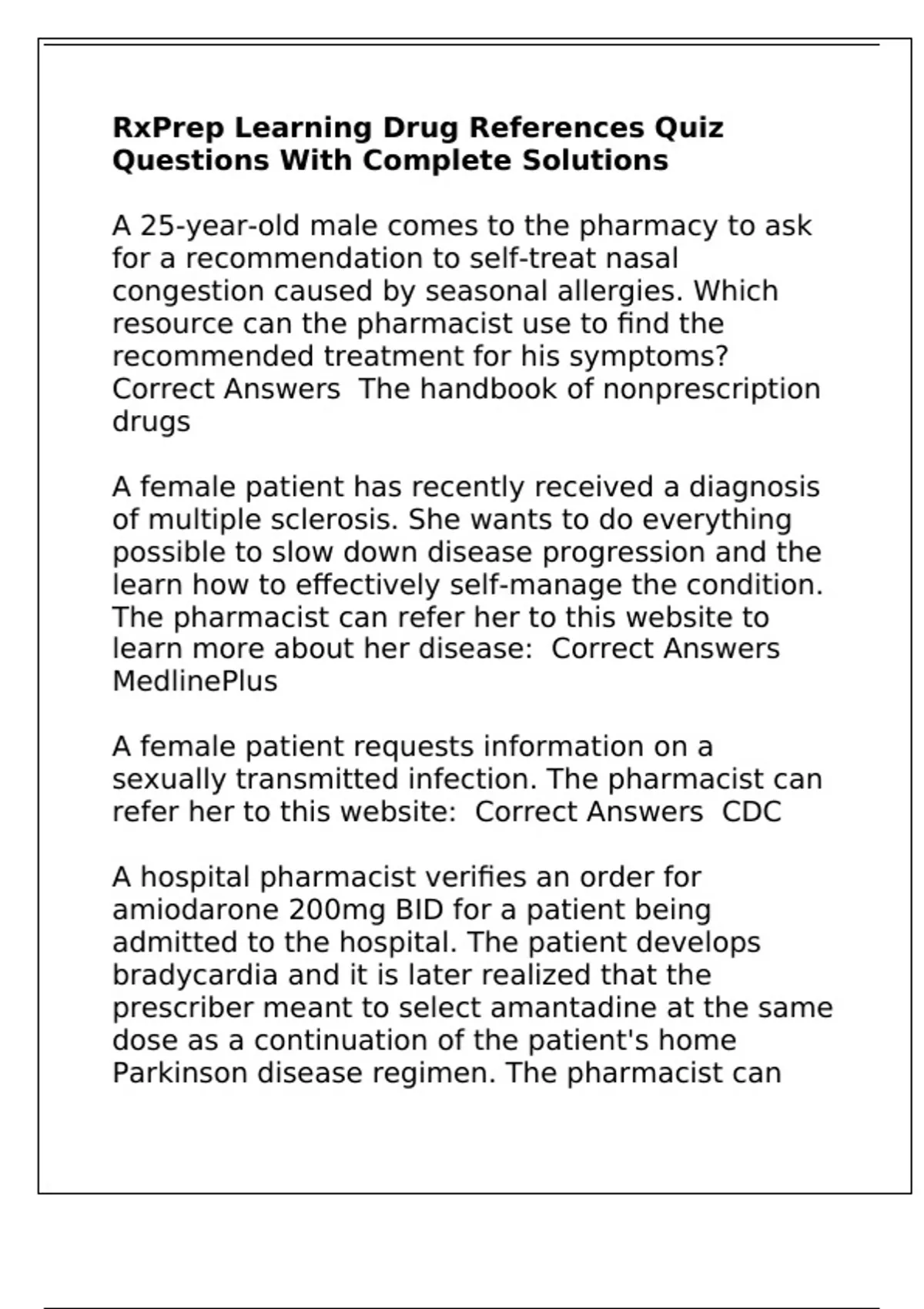 RxPrep Learning Drug References Quiz Questions With Complete Solutions ...