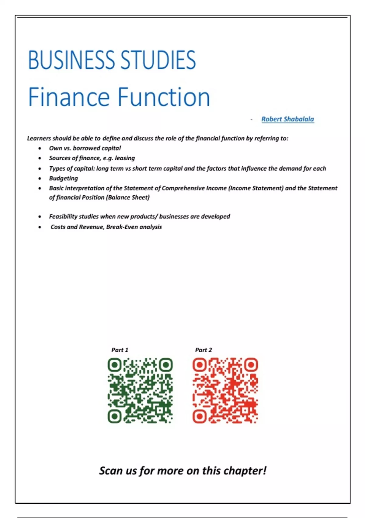 Summary Grade 11 IEB Business Studies – Chapter 11: Finance Function ...