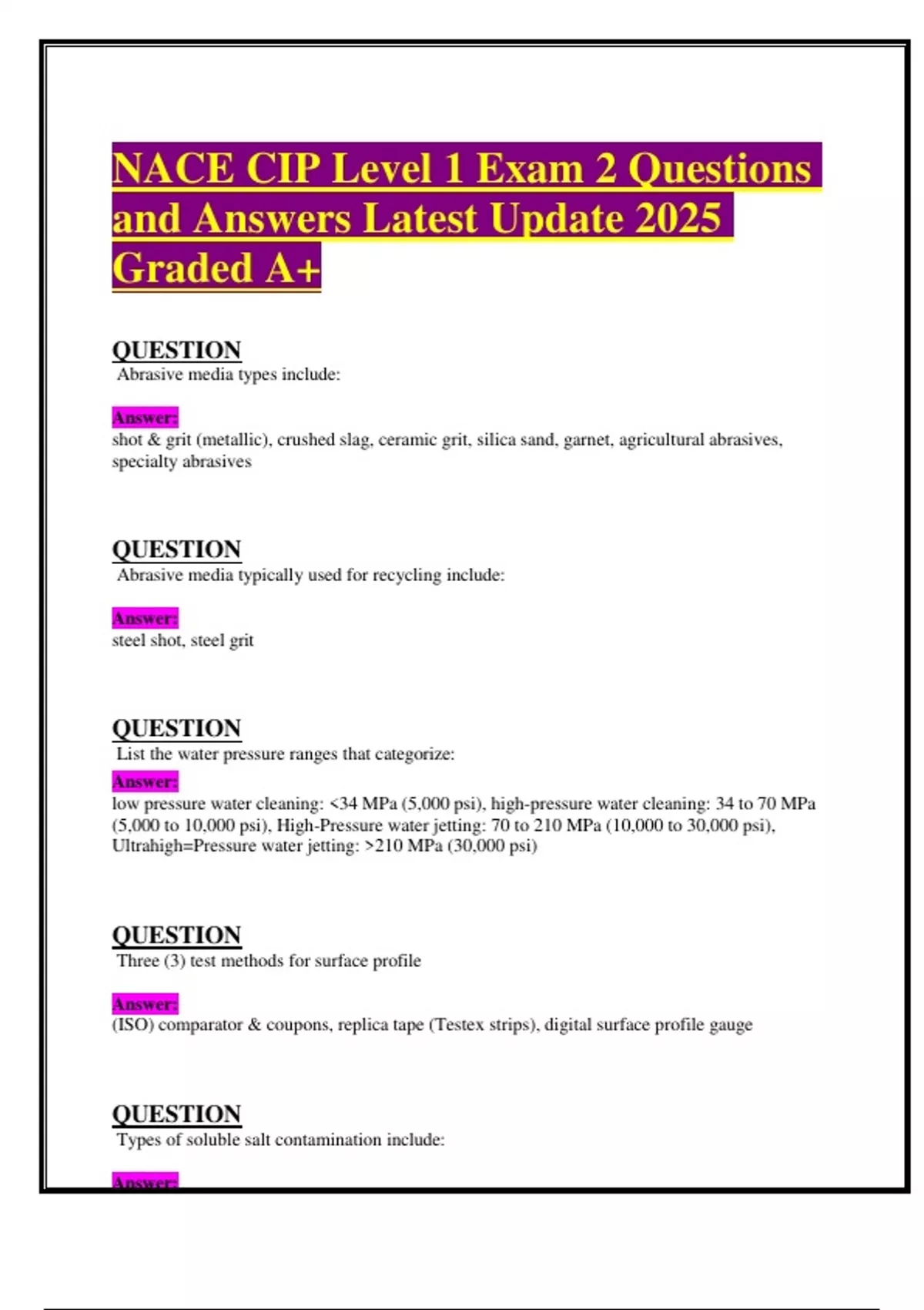 NACE CIP Level 1 Exam 2 Questions and Answers Latest Update 2025 Graded ...