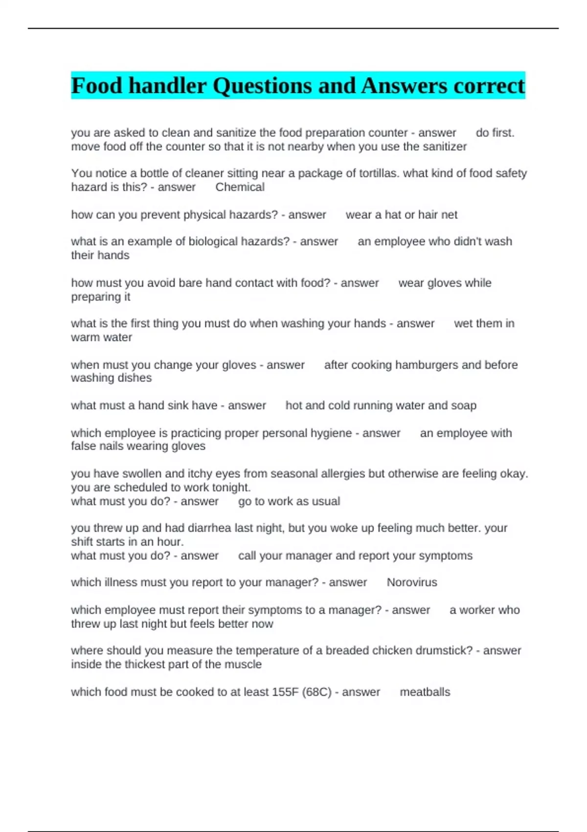 Food handler Questions and Answers correct - FOOD HANDLERS - Stuvia US