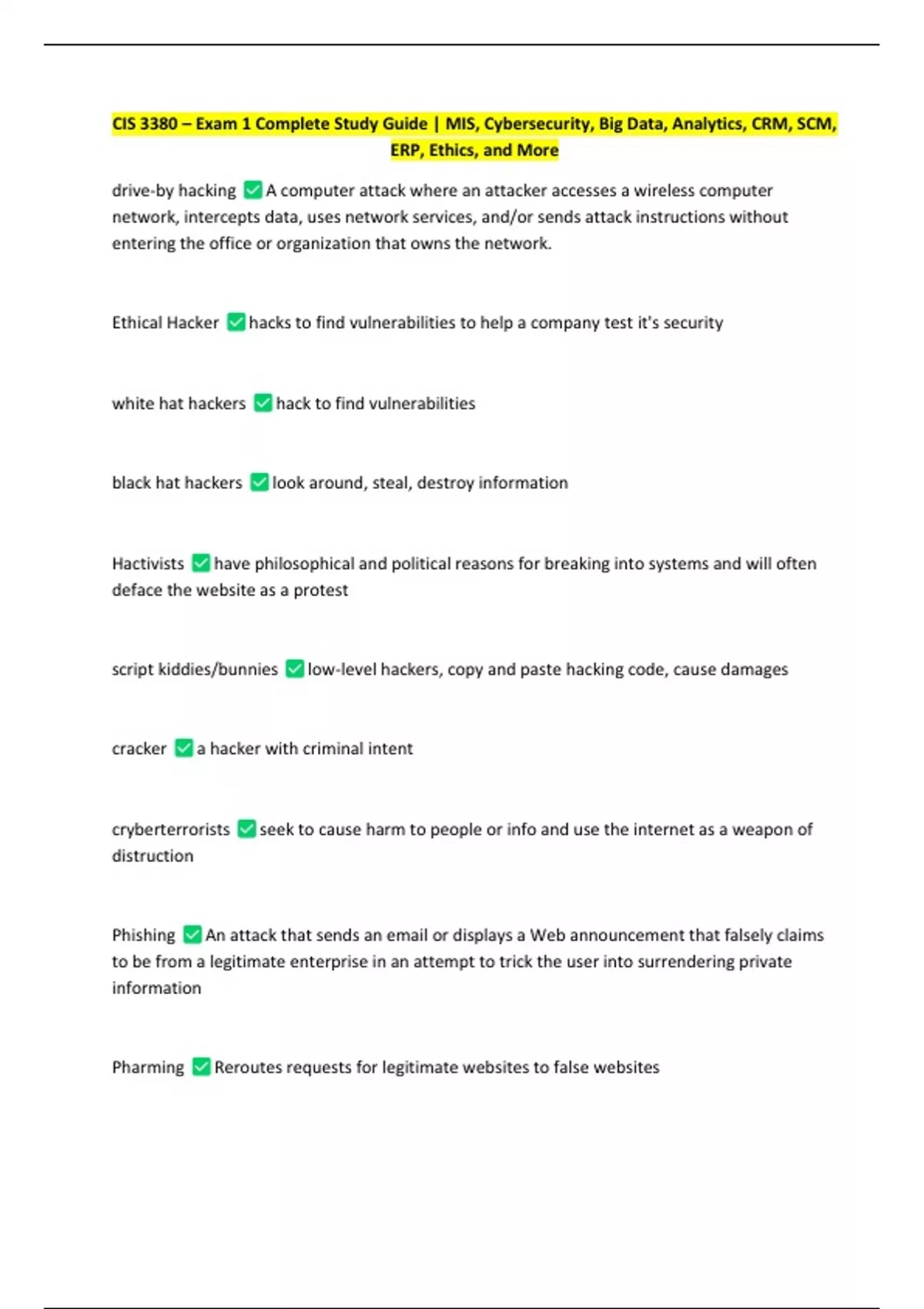 CIS 3380 – Exam 1 Complete Study Guide | MIS, Cybersecurity, Big Data ...