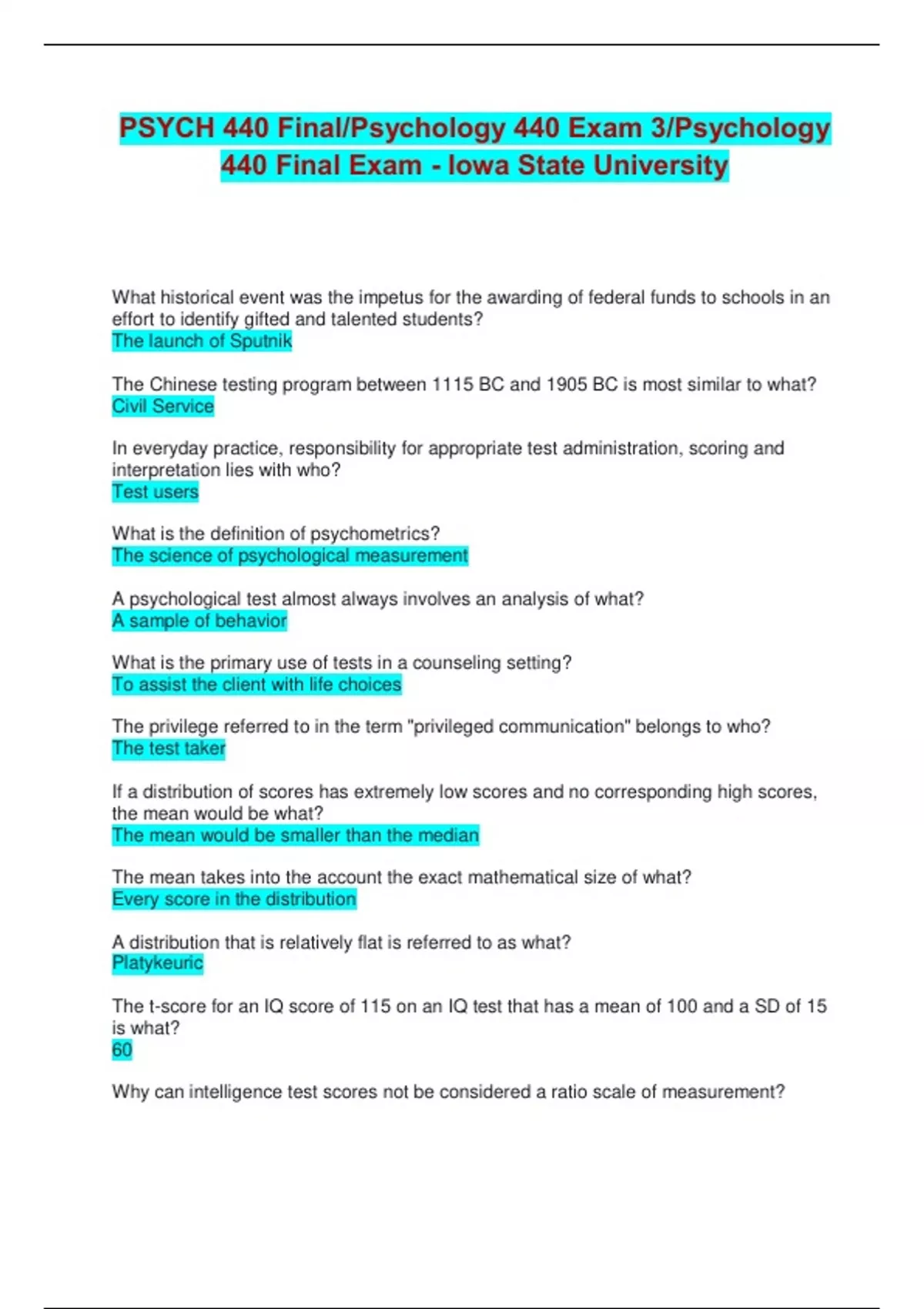 PSYCH 440 Final/Psychology 440 Exam 3/Psychology 440 Final Exam - Iowa State University - PSYCH ...