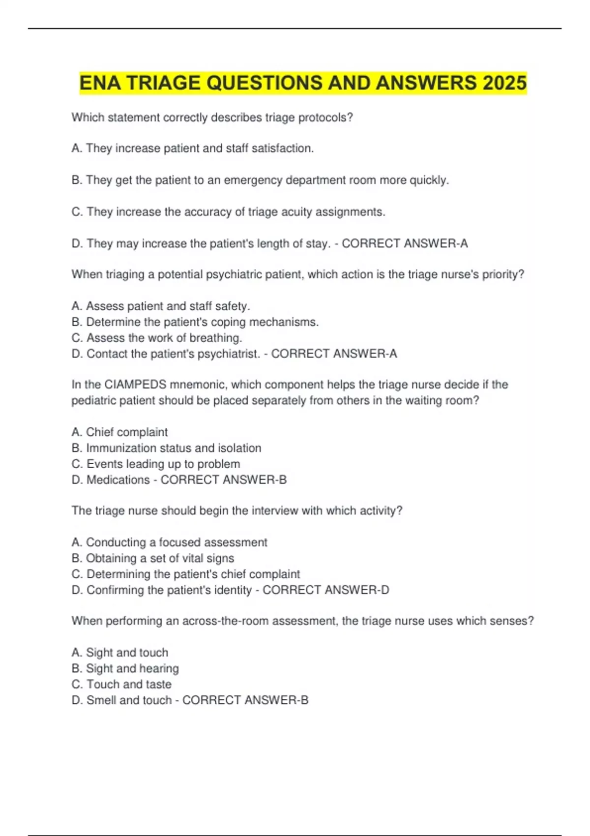 ENA Triage questions and answers 2025 - ENA Triage - Stuvia US