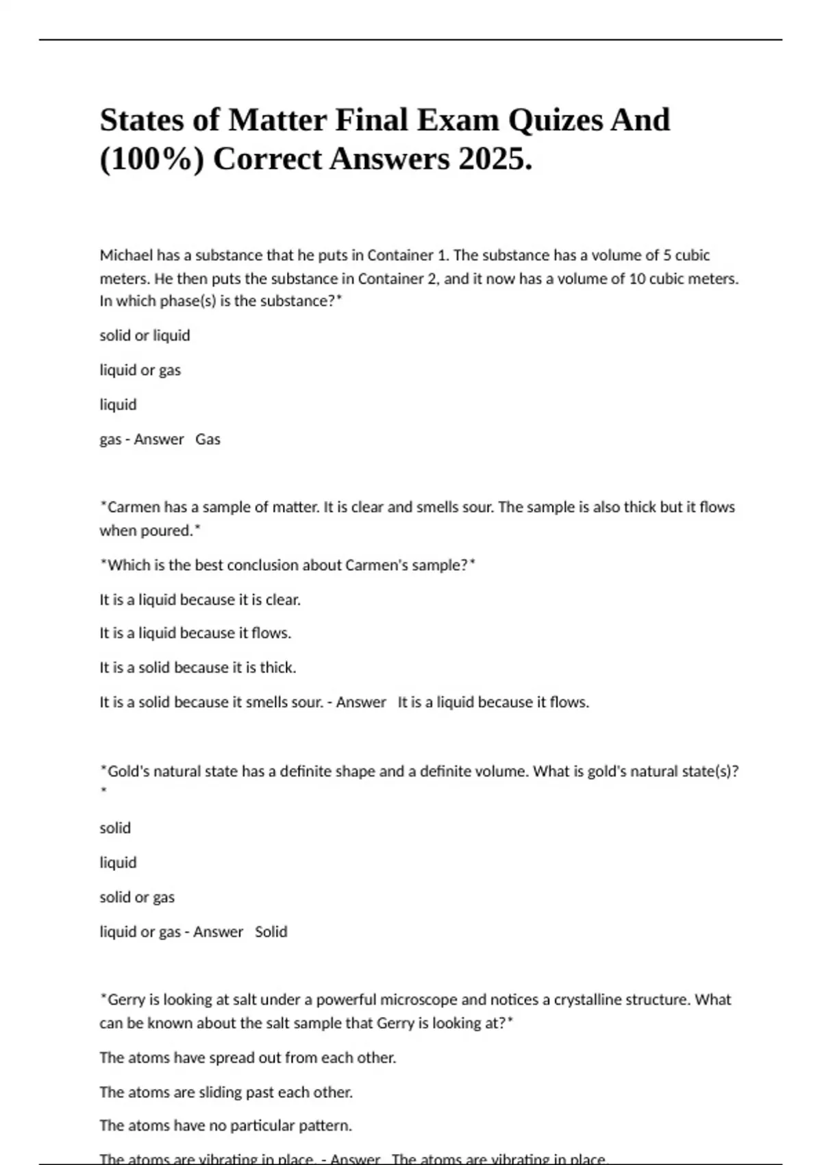 States of Matter Final Exam Quizes And (100%) Correct Answers 2025 ...