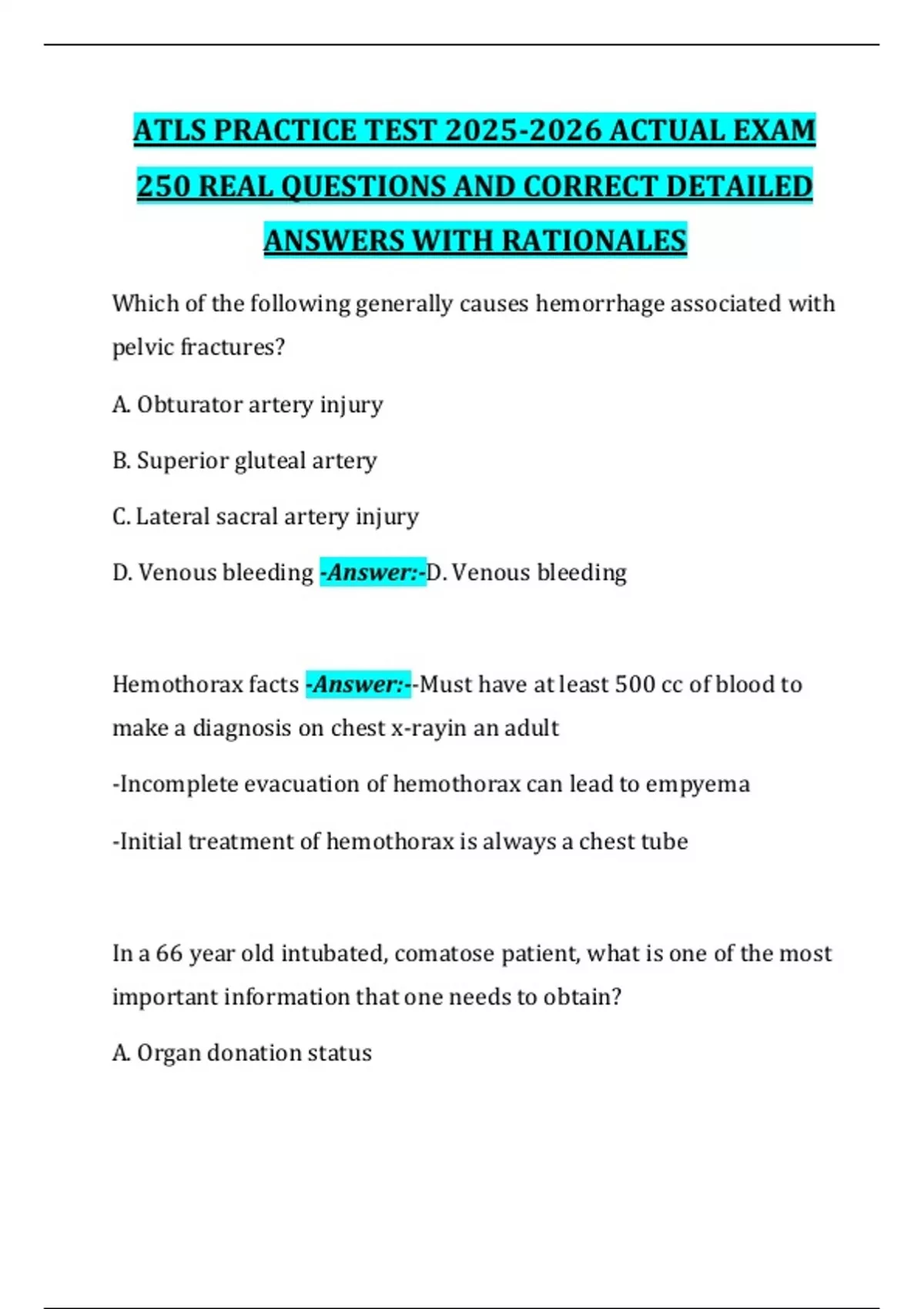 ATLS PRACTICE TEST ACTUAL EXAM 250 REAL QUESTIONS AND CORRECT DETAILED ...
