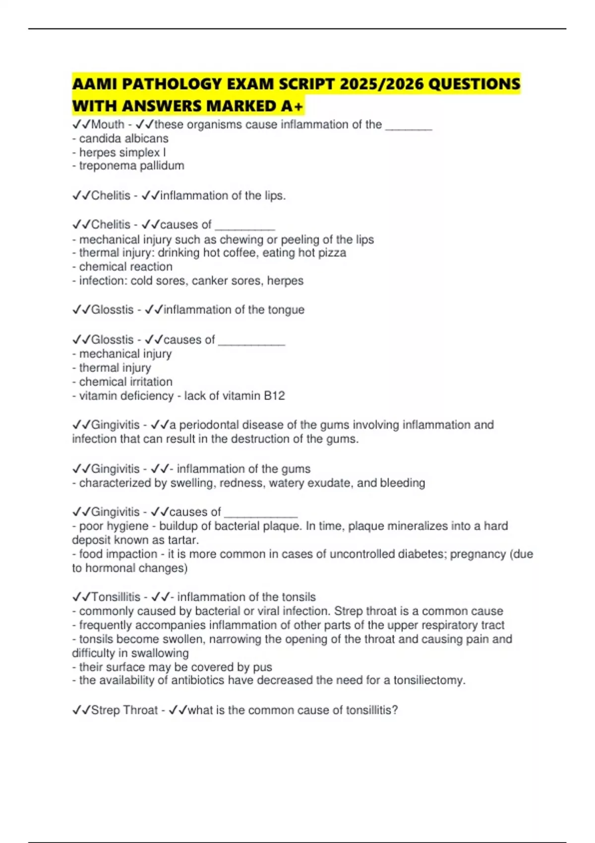 AAMI PATHOLOGY EXAM SCRIPT 2025/2026 QUESTIONS WITH ANSWERS MARKED A+ ...