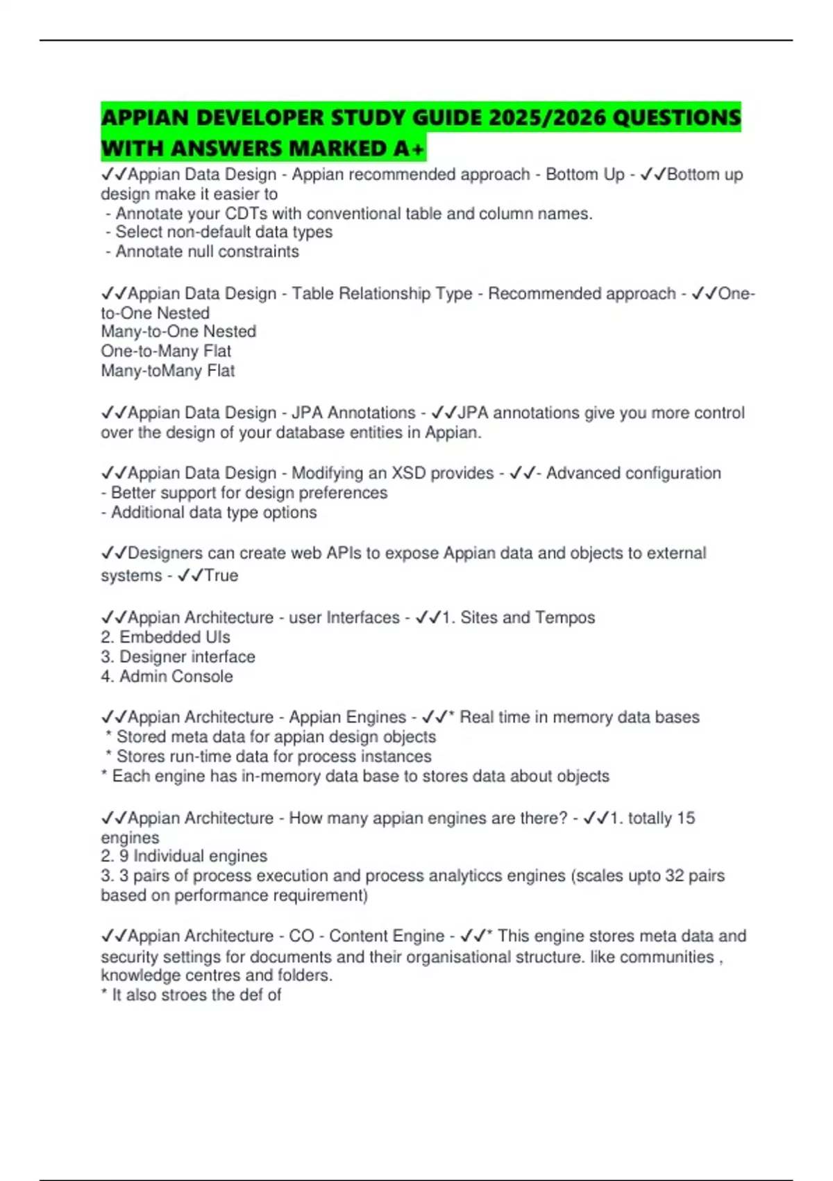 APPIAN DEVELOPER STUDY GUIDE 2025/2026 QUESTIONS WITH ANSWERS MARKED A+ - Appian Analyst - Stuvia US