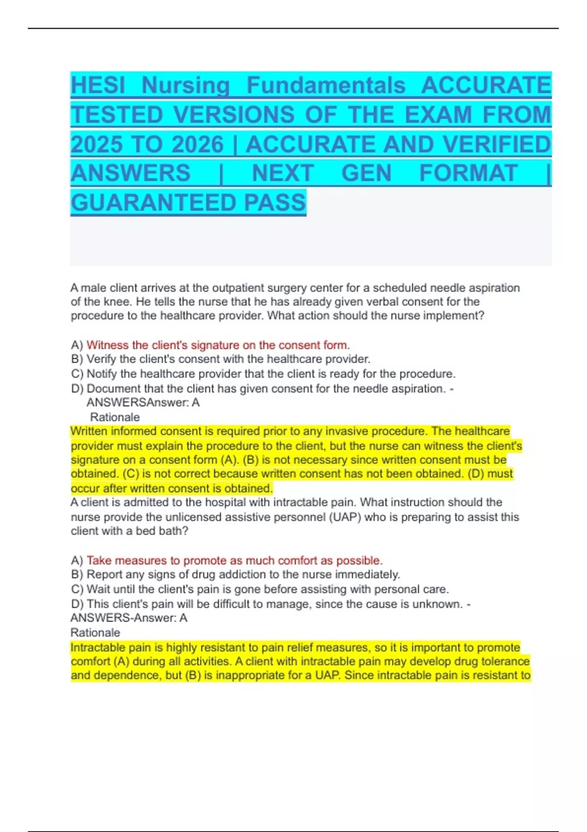 HESI Nursing Fundamentals ACCURATE TESTED VERSIONS OF THE EXAM FROM ...