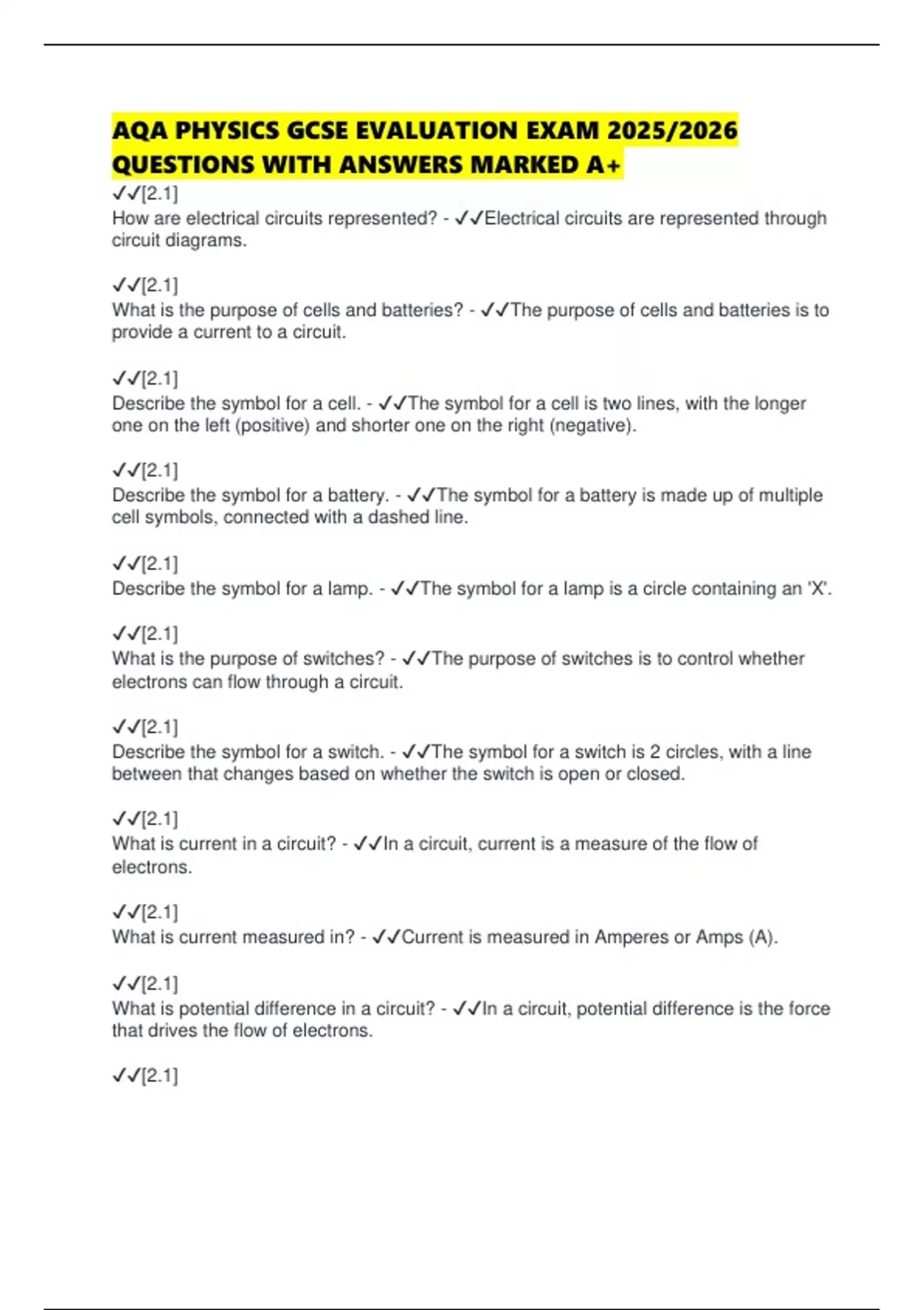 AQA PHYSICS GCSE EVALUATION EXAM 2025/2026 QUESTIONS WITH ANSWERS MARKED A+ - AQA PHYSICS ...