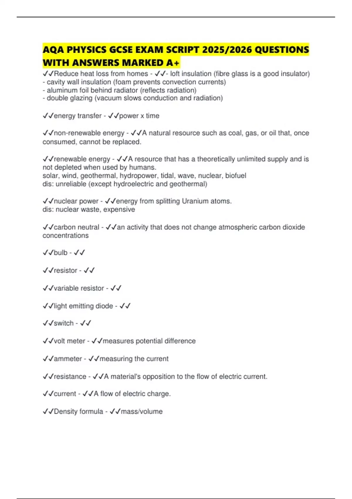 AQA PHYSICS GCSE EXAM SCRIPT 2025/2026 QUESTIONS WITH ANSWERS MARKED A+ ...