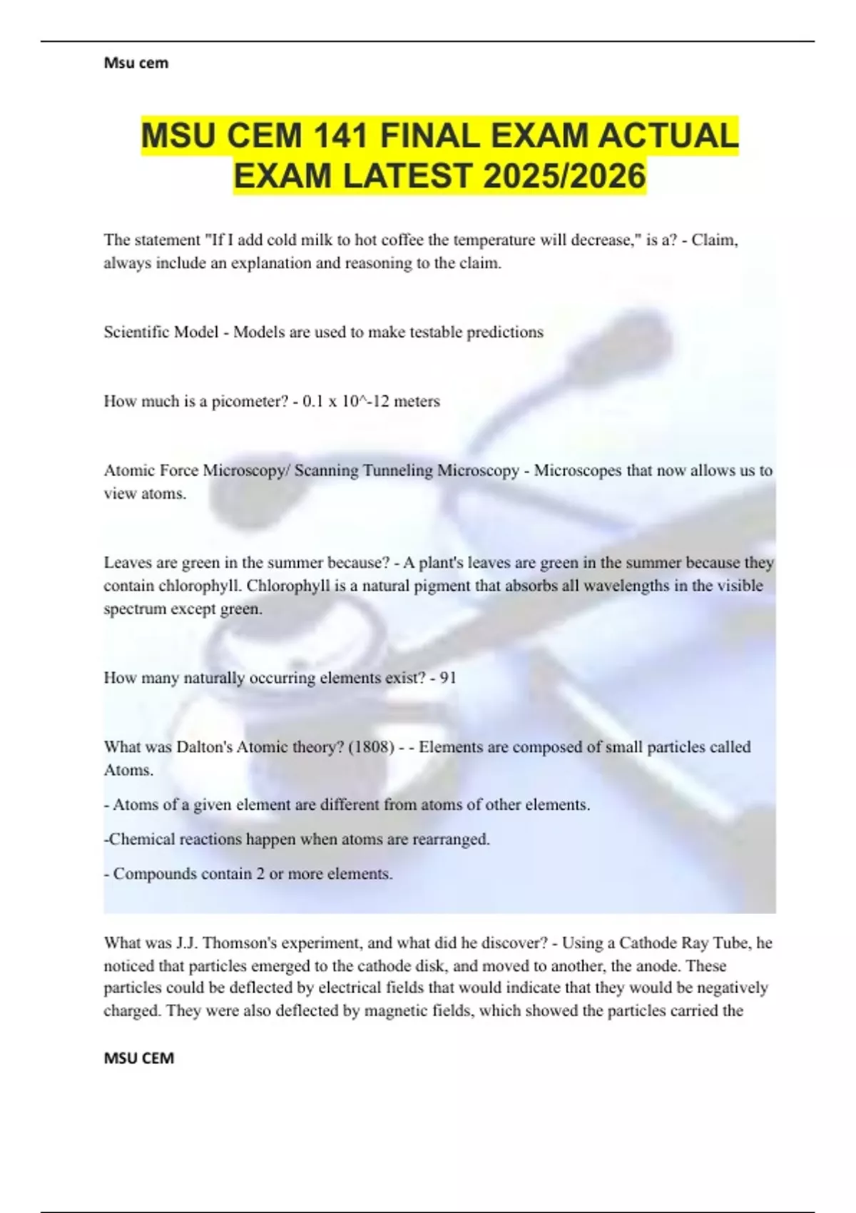 MSU CEM 141 FINAL EXAM ACTUAL EXAM LATEST 2025/2026 - MSU CEM 141 ...