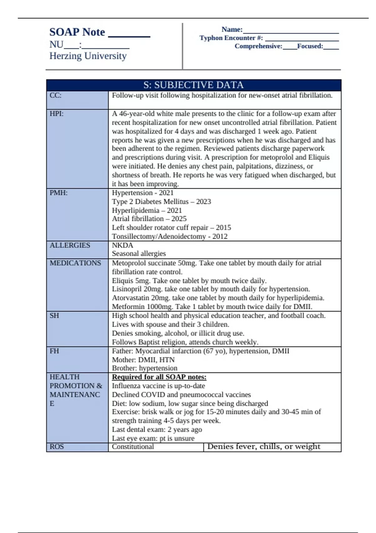 Complete SOAP Note Week 7; A 46-year-old white male presents to the ...