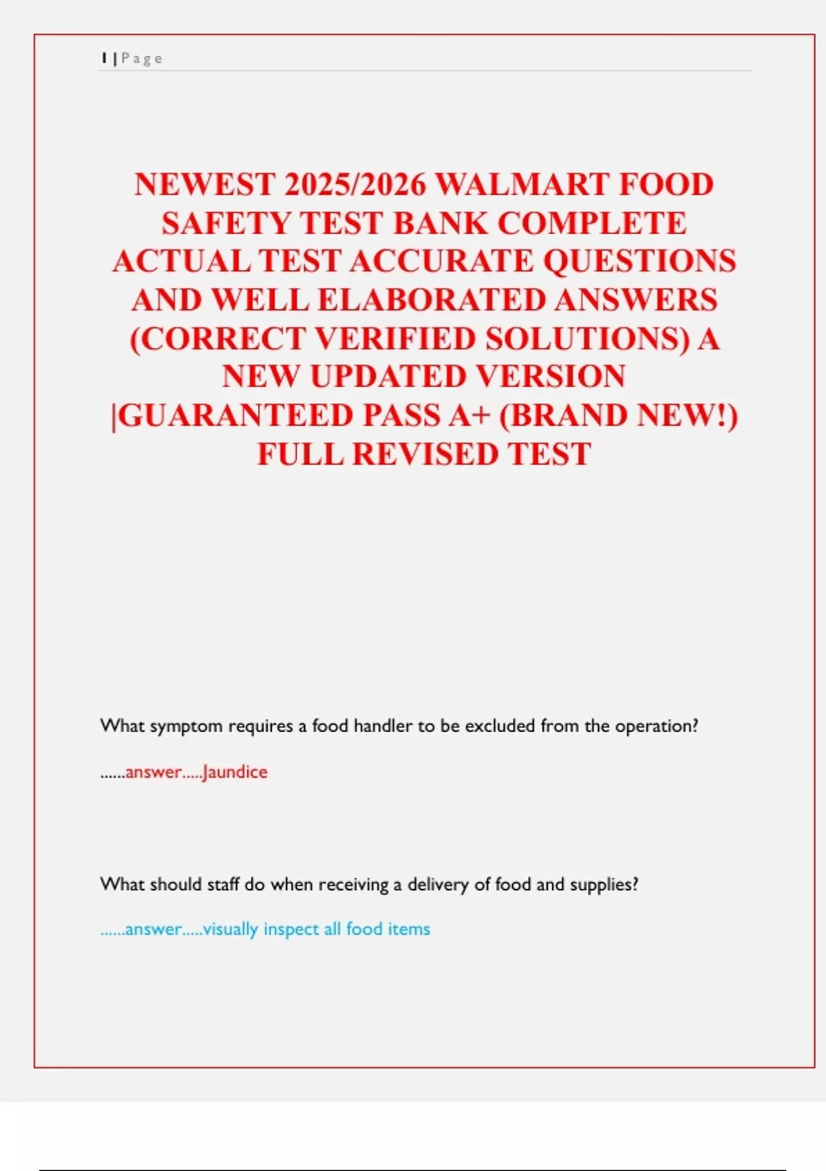 NEWEST 2025/2026 WALMART FOOD SAFETY TEST BANK COMPLETE ACTUAL TEST ...