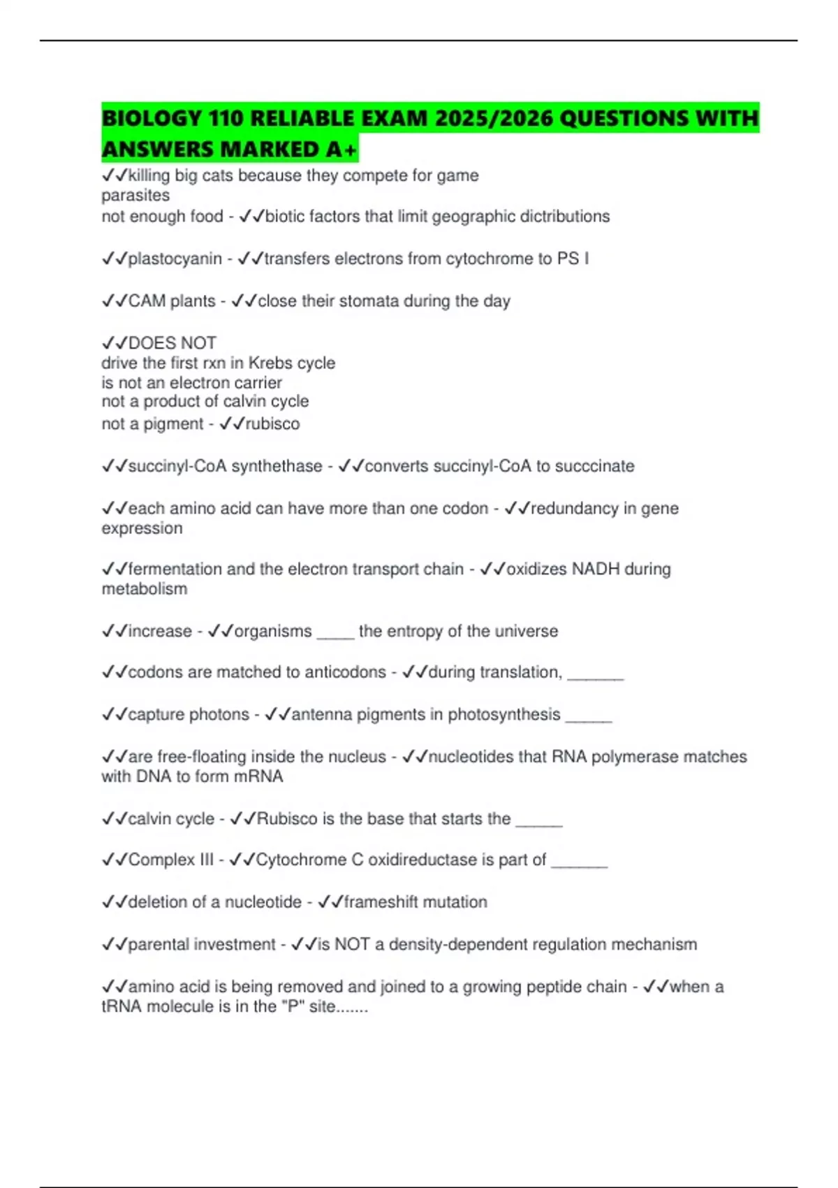 BIOLOGY 110 RELIABLE EXAM 2025/2026 QUESTIONS WITH ANSWERS MARKED A+ ...
