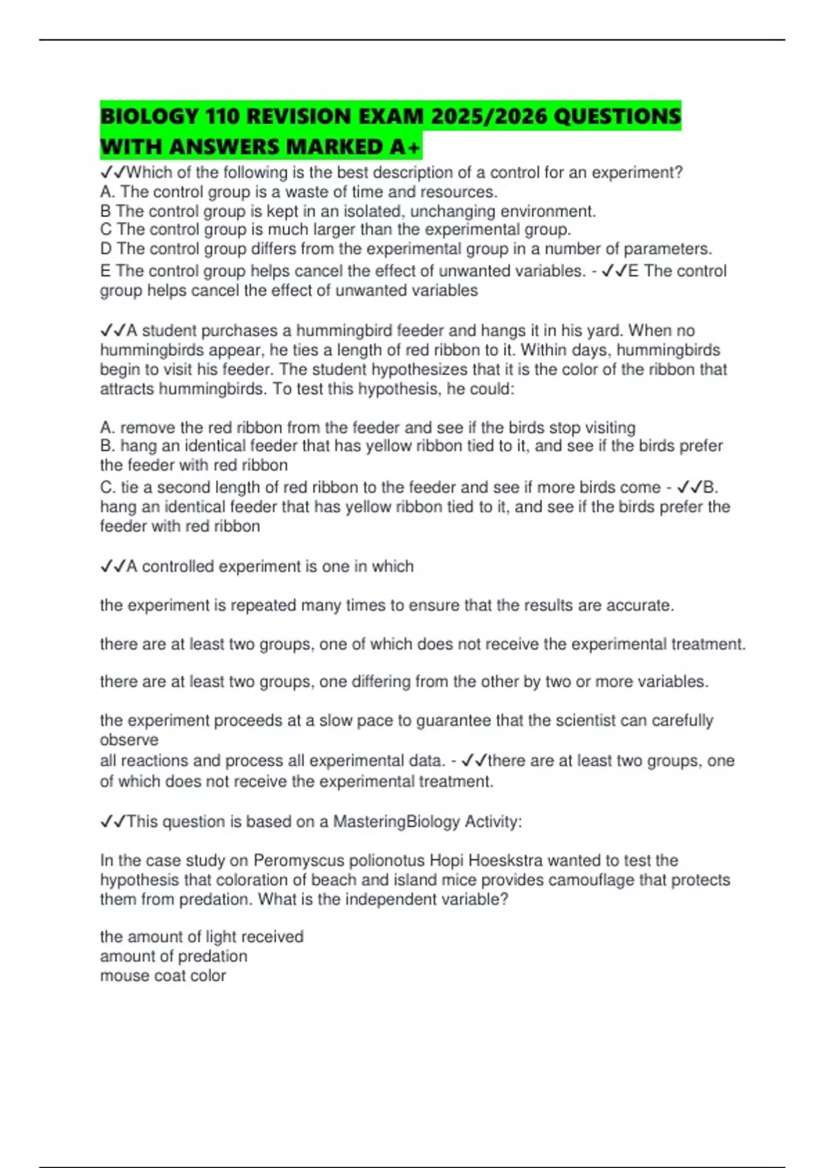 BIOLOGY 110 REVISION EXAM 2025/2026 QUESTIONS WITH ANSWERS MARKED A+ ...