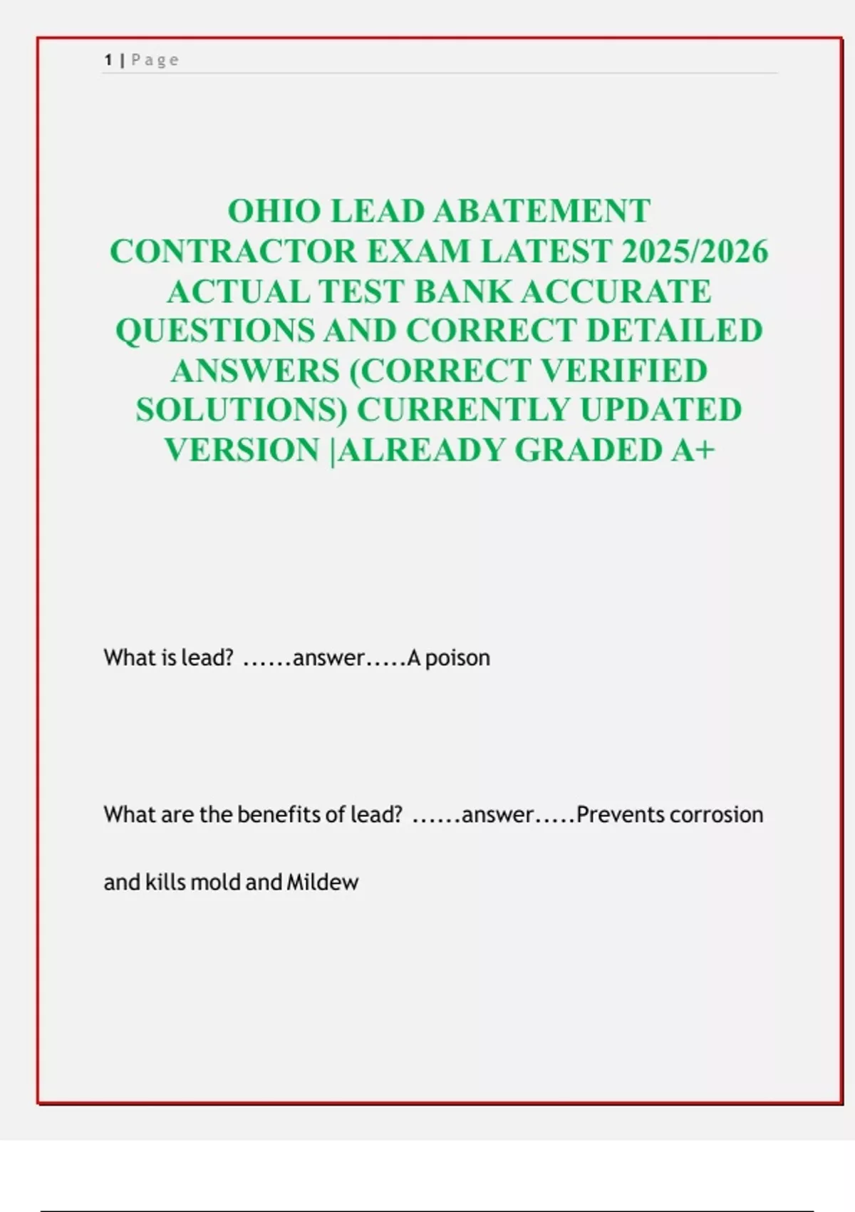 OHIO LEAD ABATEMENT CONTRACTOR EXAM LATEST 2025/2026 ACTUAL TEST BANK ...
