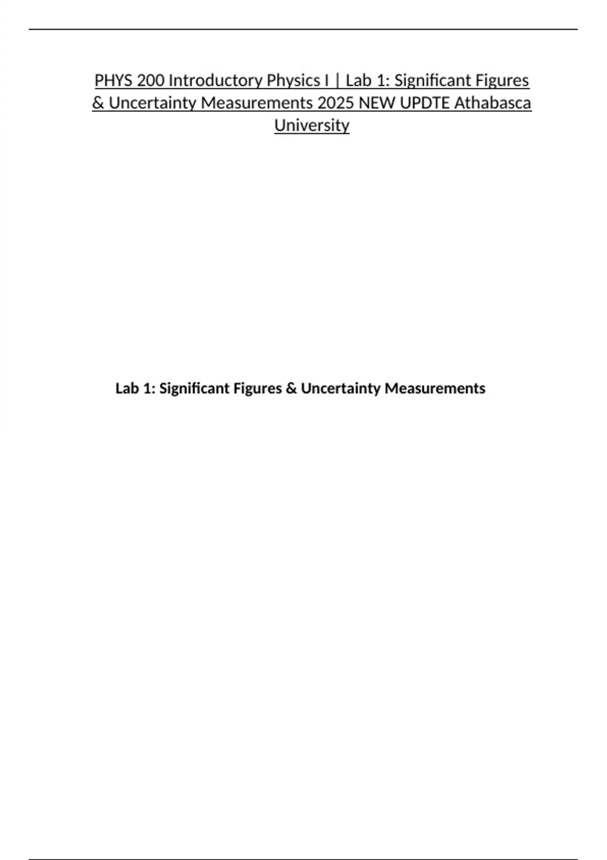 PHYS 200 Introductory Physics I | Lab 1: Significant Figures & Uncertainty Measurements 2025 NEW ...