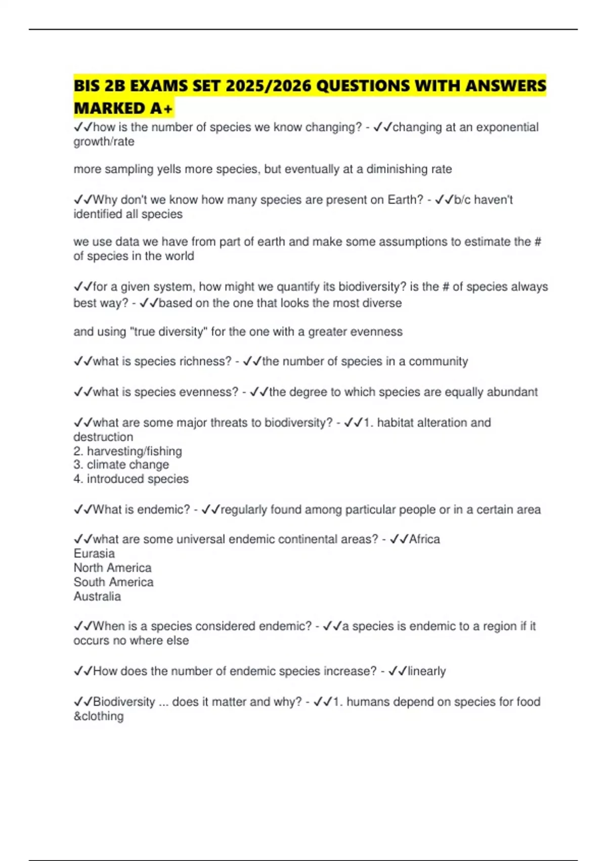 BIS 2B EXAMS SET 2025/2026 QUESTIONS WITH ANSWERS MARKED A+ - BIS 2B ...