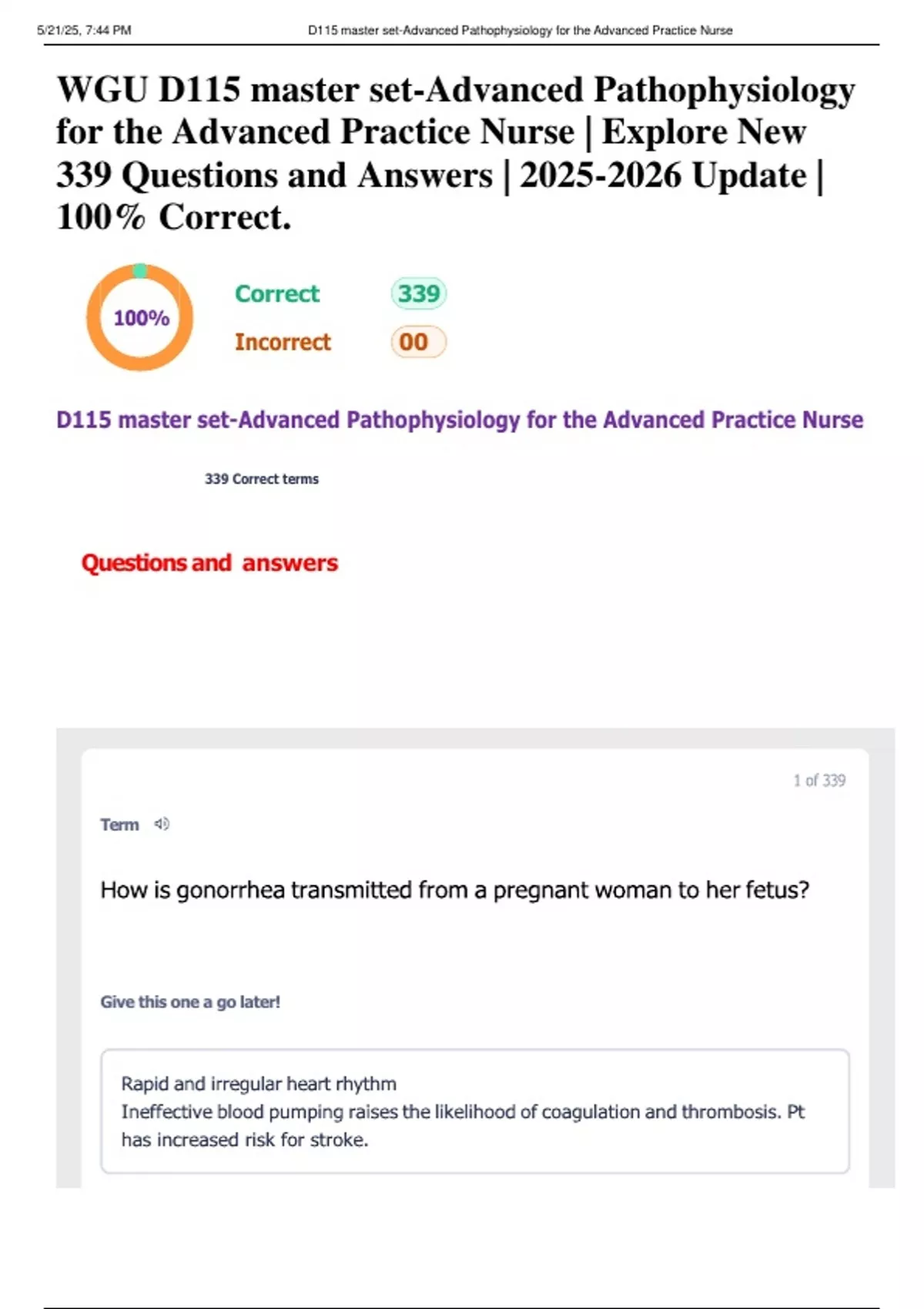 WGU D115 master set-Advanced Pathophysiology for the Advanced Practice Nurse | Explore New 339 ...