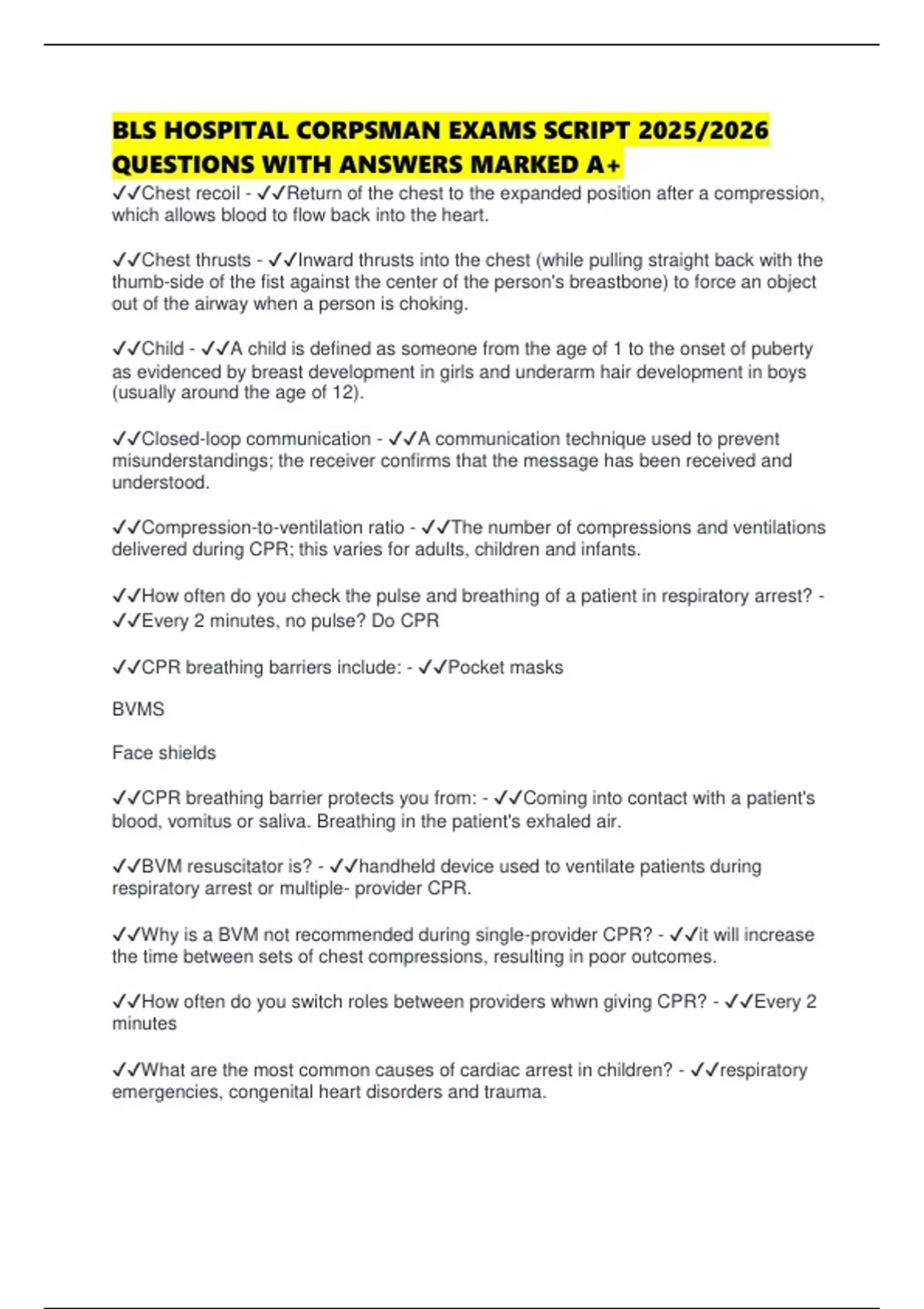 BLS HOSPITAL CORPSMAN EXAMS SCRIPT 2025/2026 QUESTIONS WITH ANSWERS MARKED A+ - Bls - Stuvia US