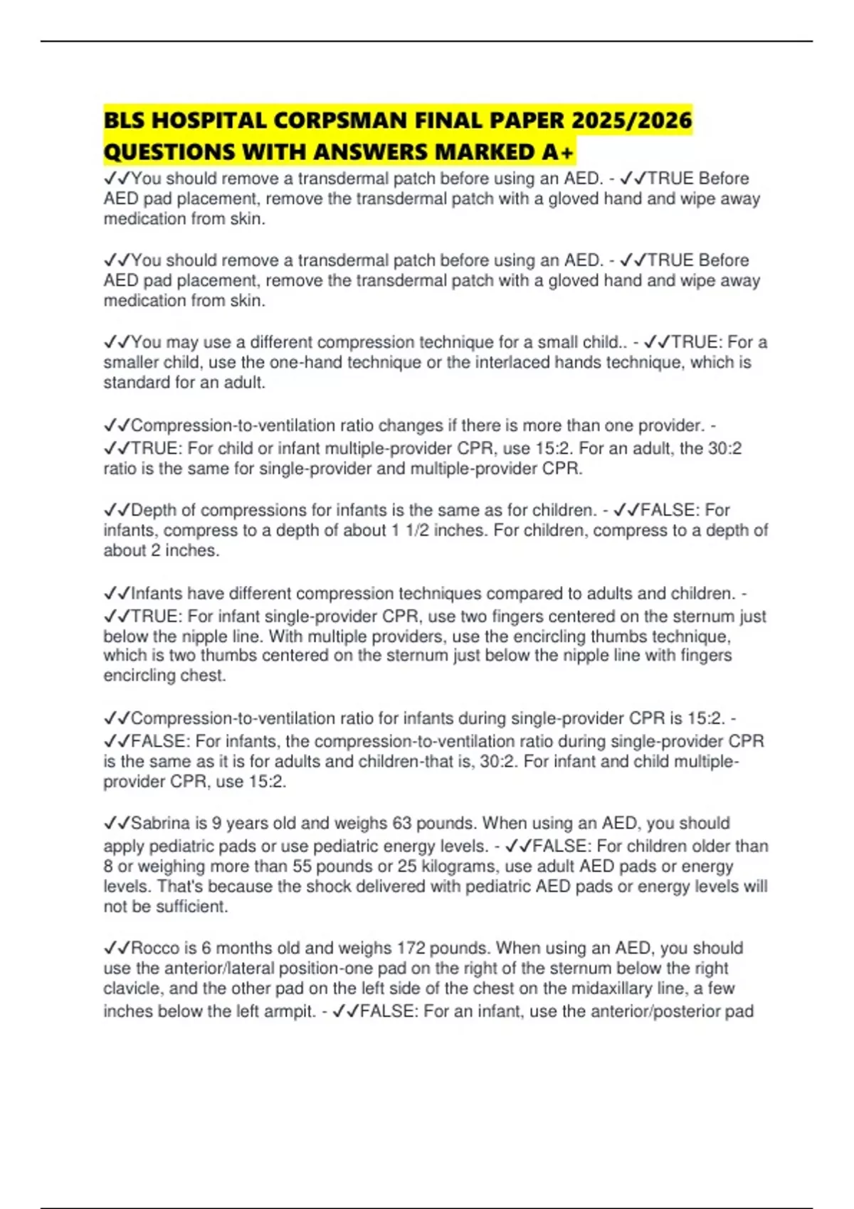 BLS HOSPITAL CORPSMAN FINAL PAPER 2025/2026 QUESTIONS WITH ANSWERS ...