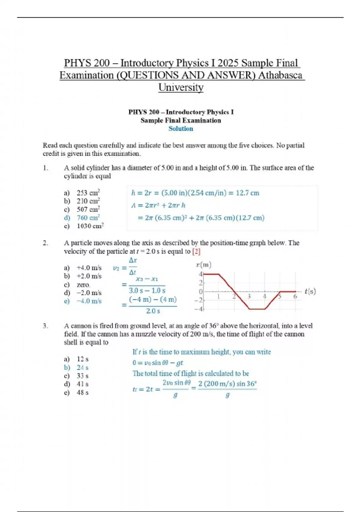 PHYS 200 ‒ Introductory Physics I 2025 Sample Final Examination (QUESTIONS AND ANSWER) Athabasca ...