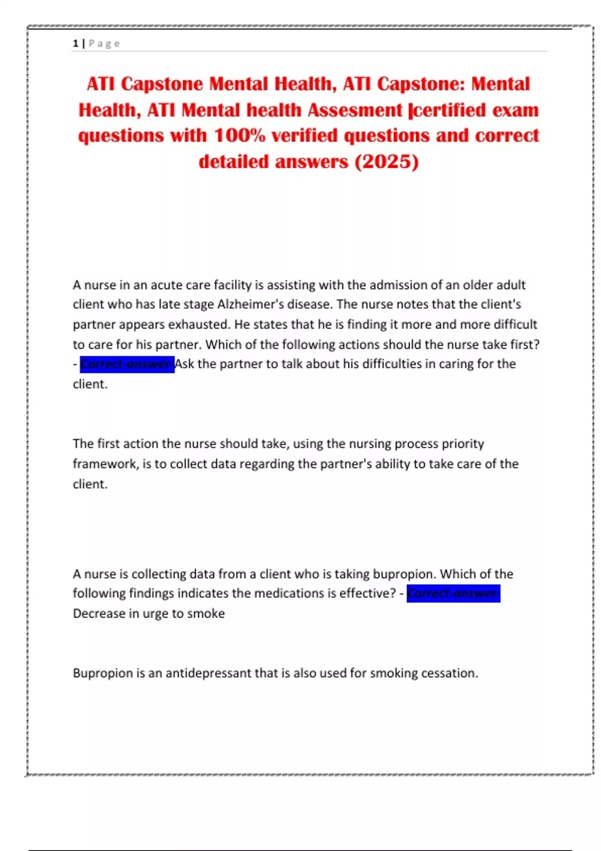 ATI Capstone Mental Health, ATI Capstone: Mental Health, ATI Mental ...