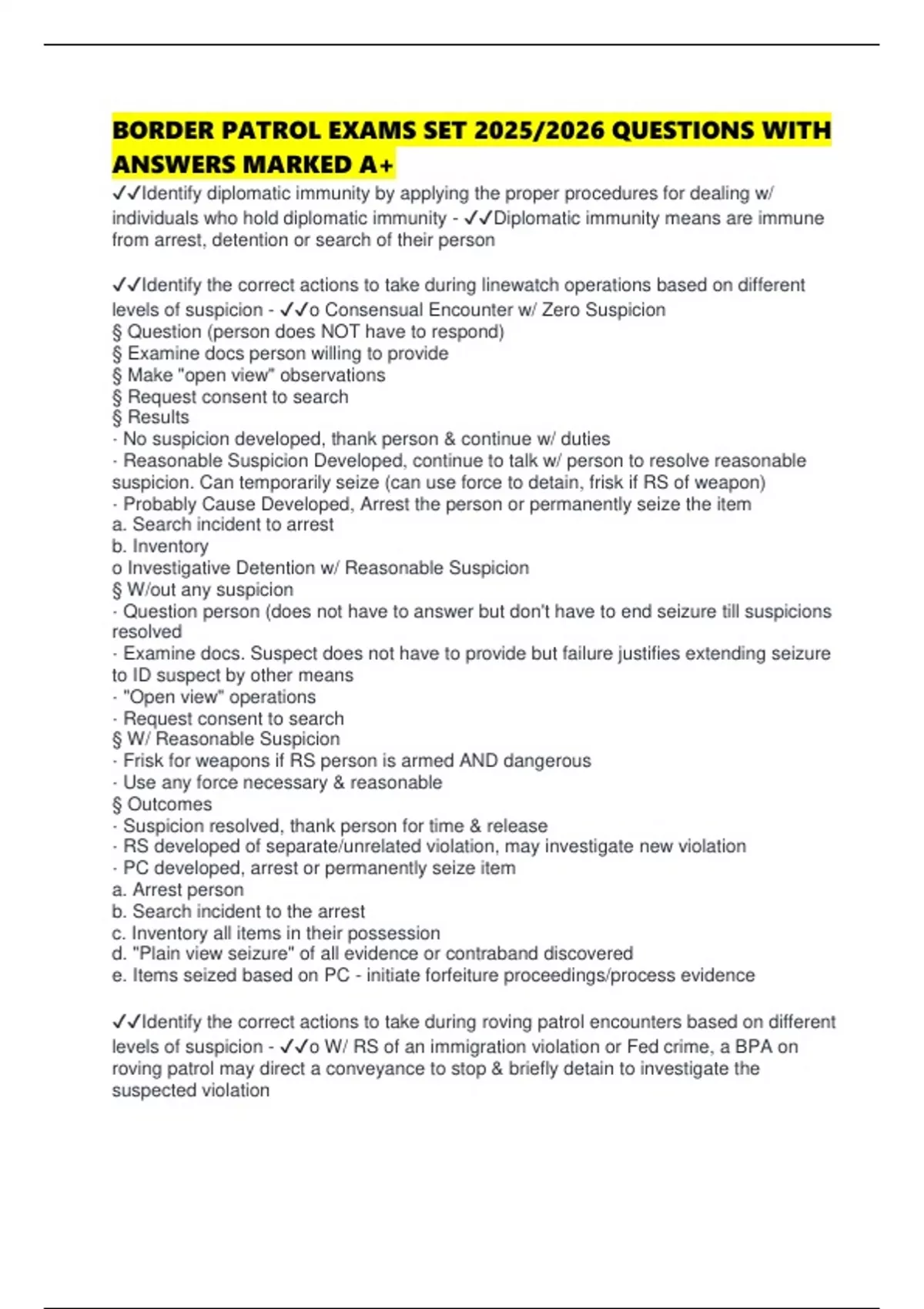 BORDER PATROL EXAMS SET 2025/2026 QUESTIONS WITH ANSWERS MARKED A+ ...