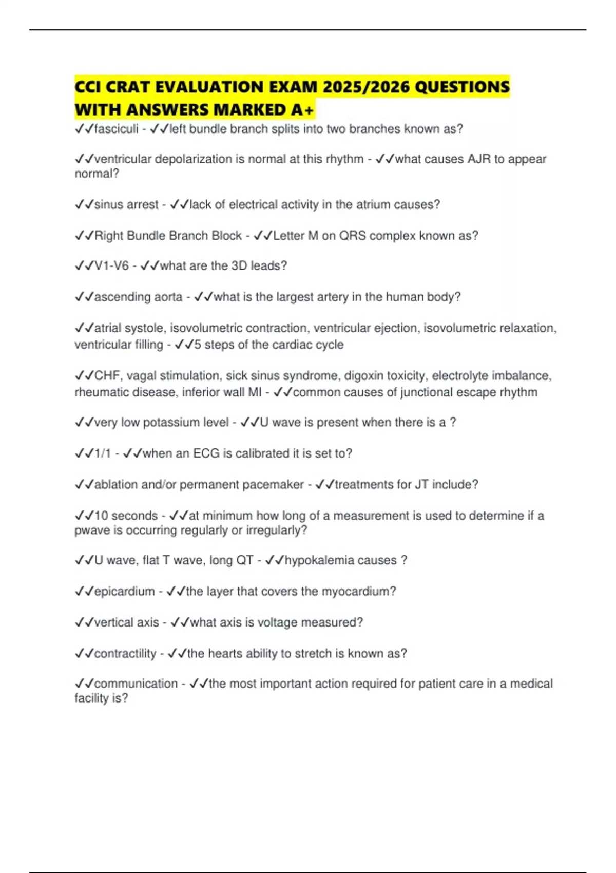 CCI CRAT EVALUATION EXAM 2025/2026 QUESTIONS WITH ANSWERS MARKED A+ ...