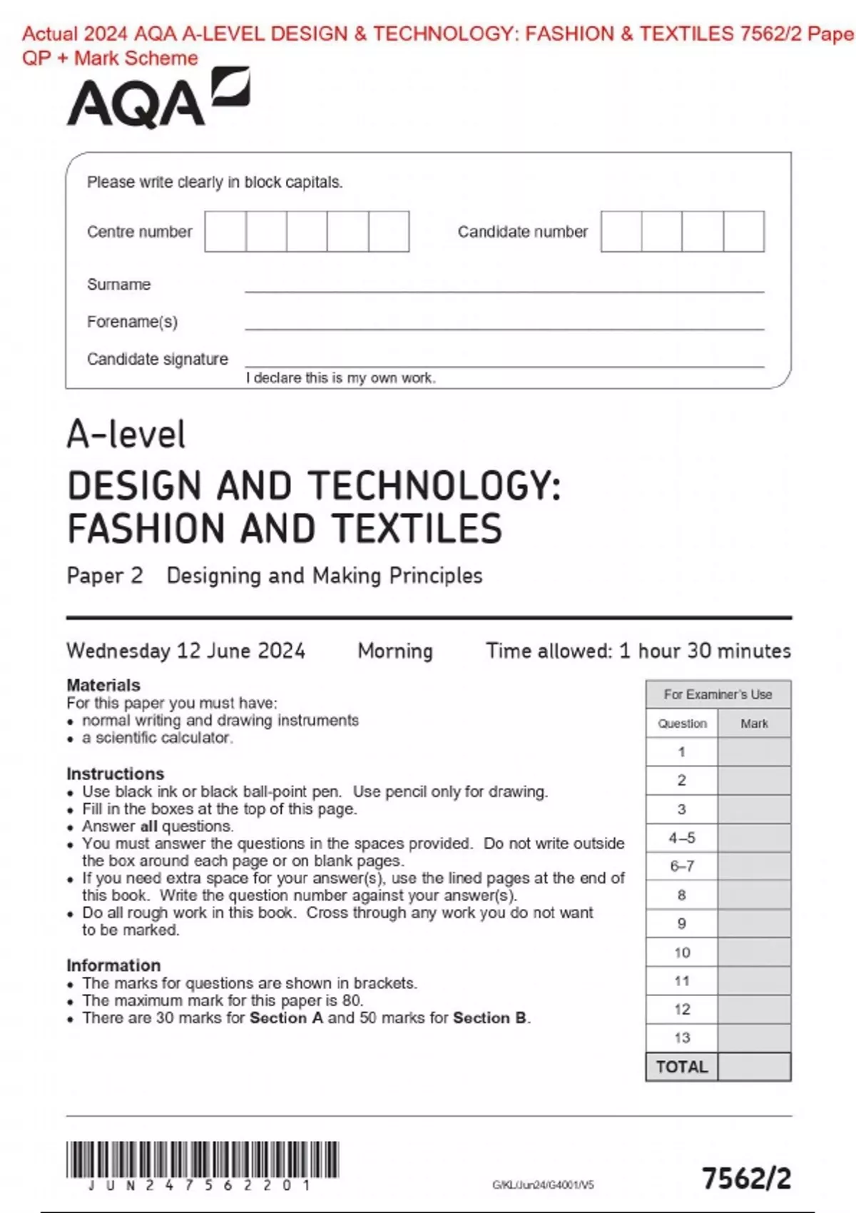 Actual 2024 AQA A-LEVEL DESIGN & TECHNOLOGY: FASHION & TEXTILES 7562/2 ...
