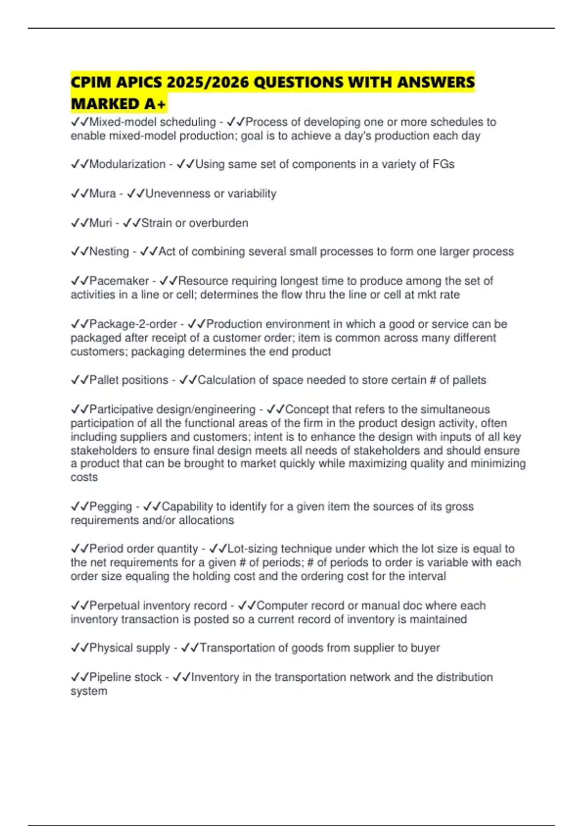 CPIM APICS 2025/2026 QUESTIONS WITH ANSWERS MARKED A+ - CPIM - Certified in Production ...