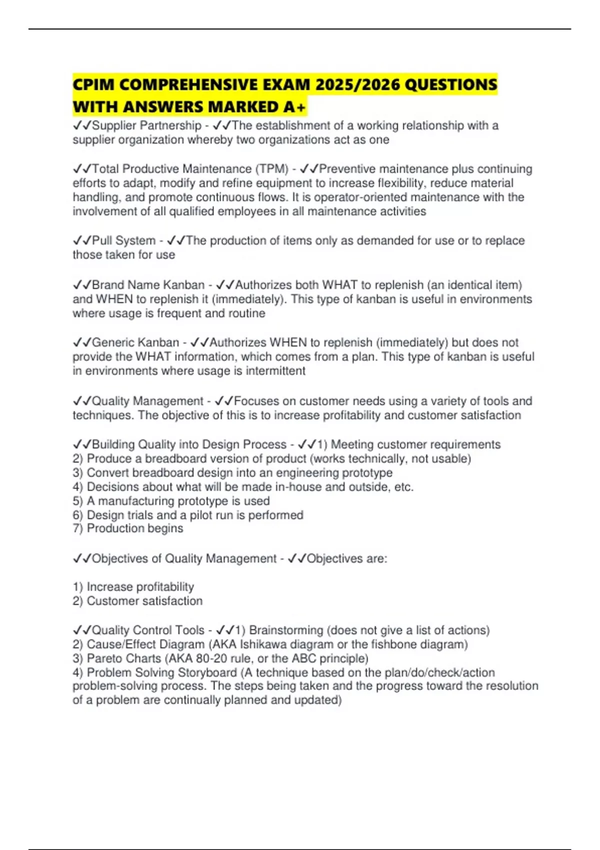 CPIM COMPREHENSIVE EXAM 2025/2026 QUESTIONS WITH ANSWERS MARKED A+ ...