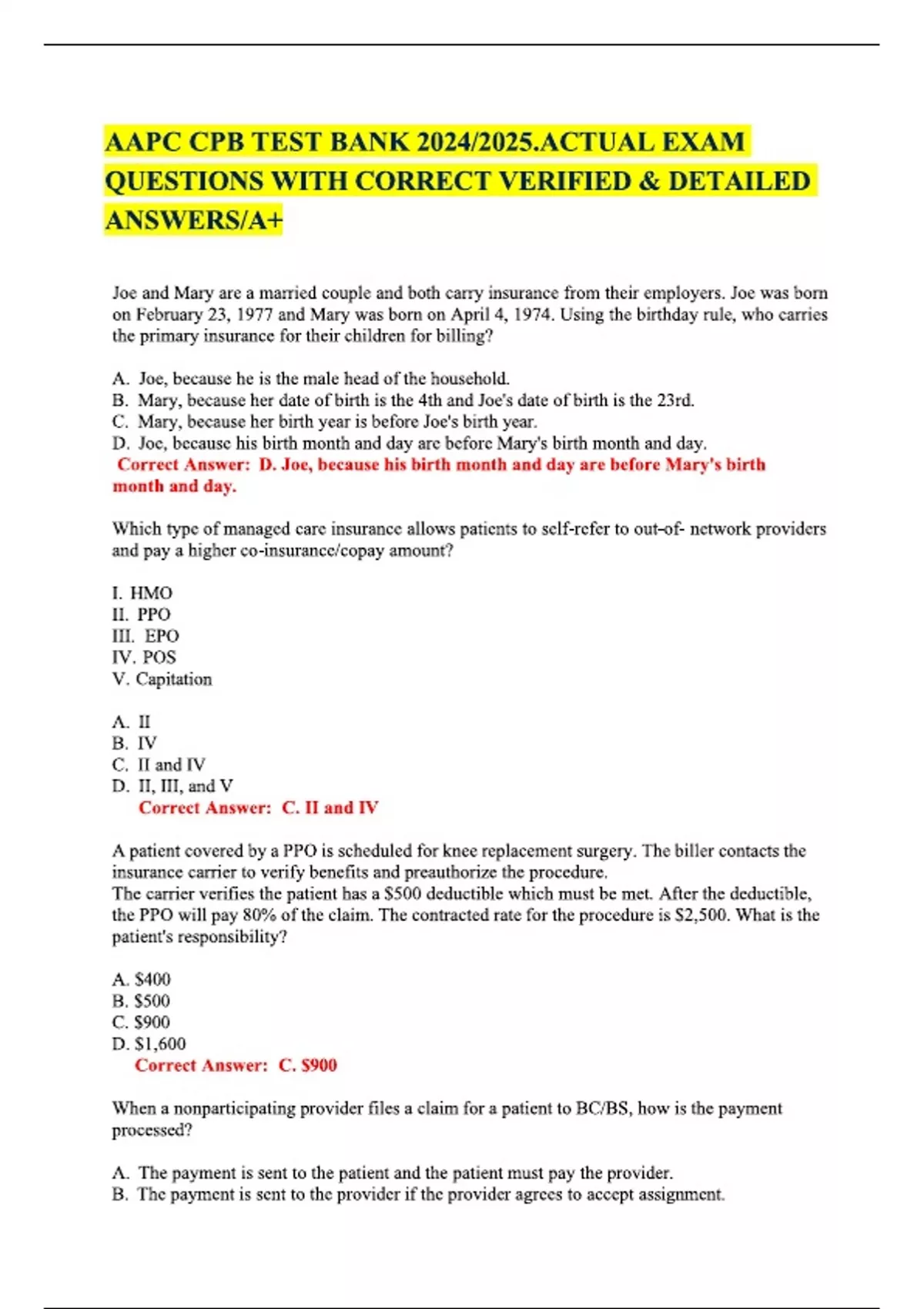 AAPC CPB TEST BANK 2024/2025.ACTUAL EXAM QUESTIONS WITH CORRECT ...