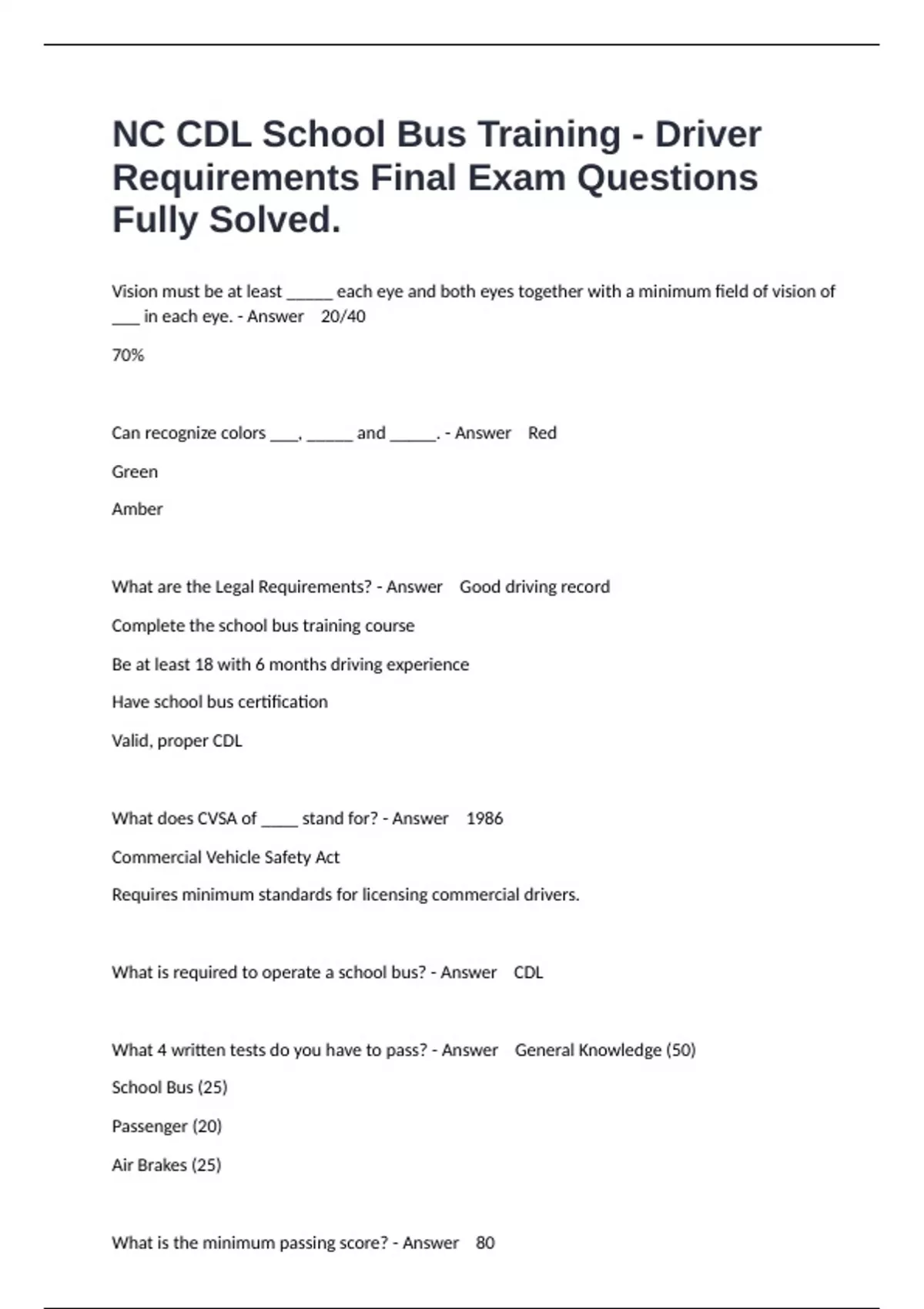 NC CDL School Bus Training - Driver Requirements Final Exam Questions ...