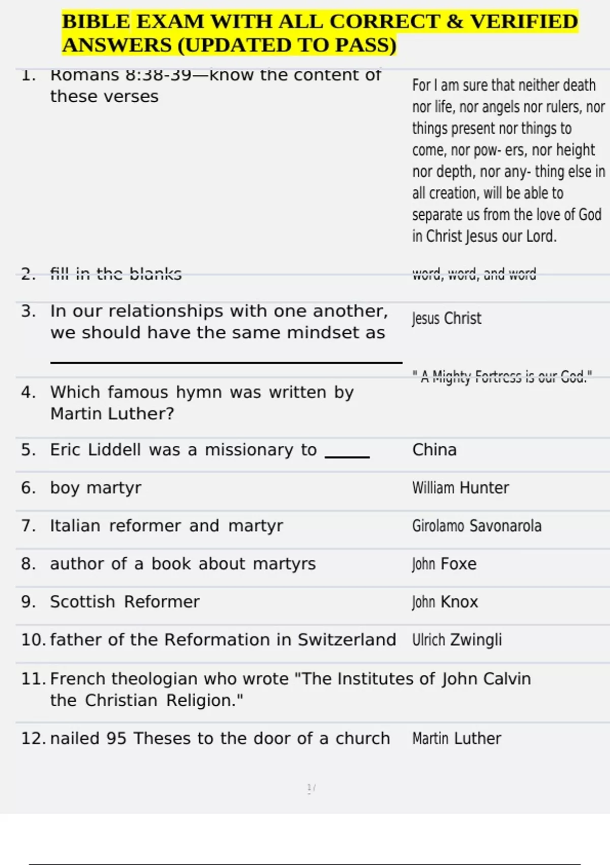BIBLE EXAM WITH ALL CORRECT & VERIFIED ANSWERS (UPDATED TO PASS ...